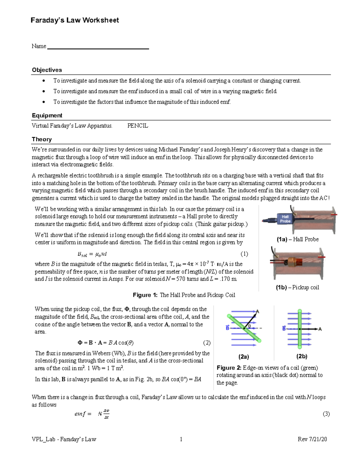 Faraday's Law Lab Worksheet (Physics 101) - Understanding Induced EMF ...