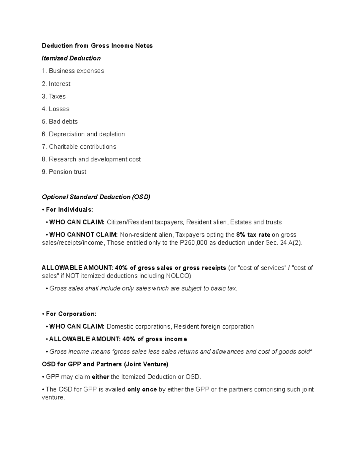 Deduction from Gross Income Notes: Itemized vs. Optional Standard ...