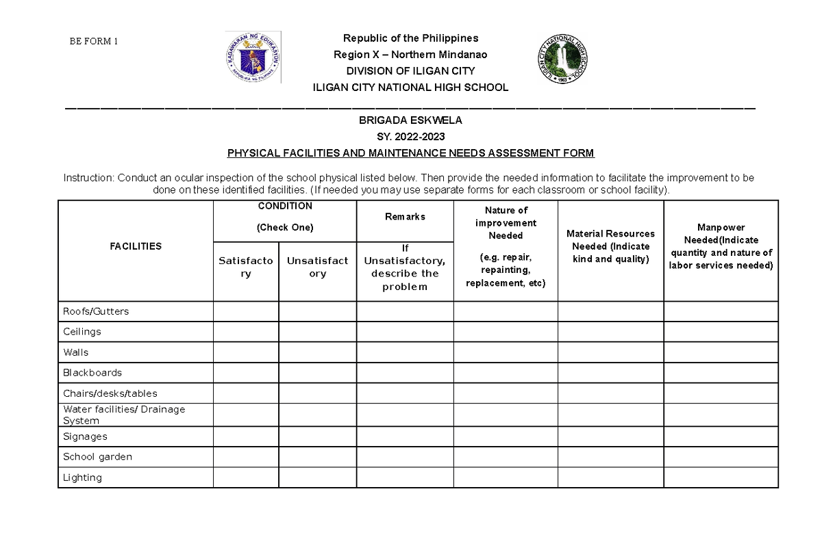 Brigada Eskwela FORM 1 - Republic of the Philippines Region X ...