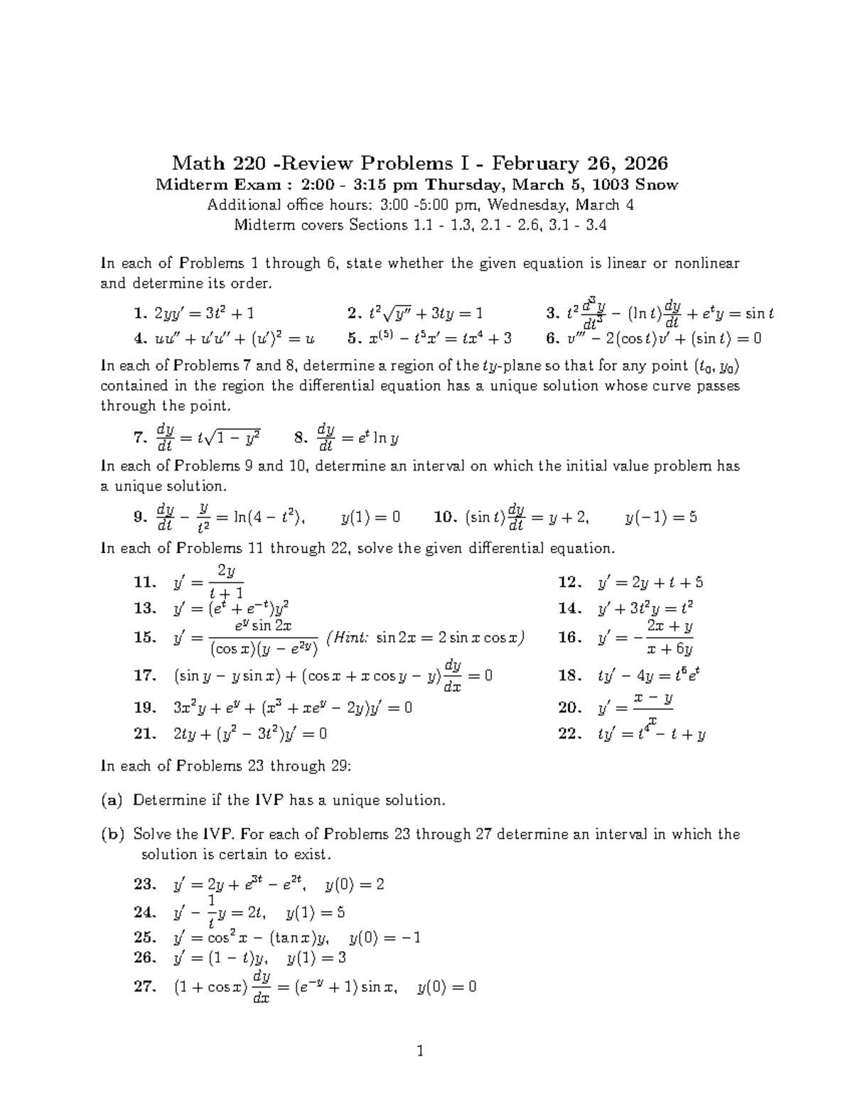 Math 220 Midterm Exam Problems I - Differential Equations Review - Studocu