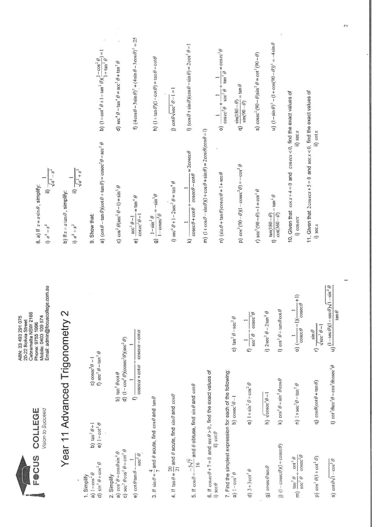 Focus Sheet - Year 11 2U Trigonometry 2 Study Guide - Studocu