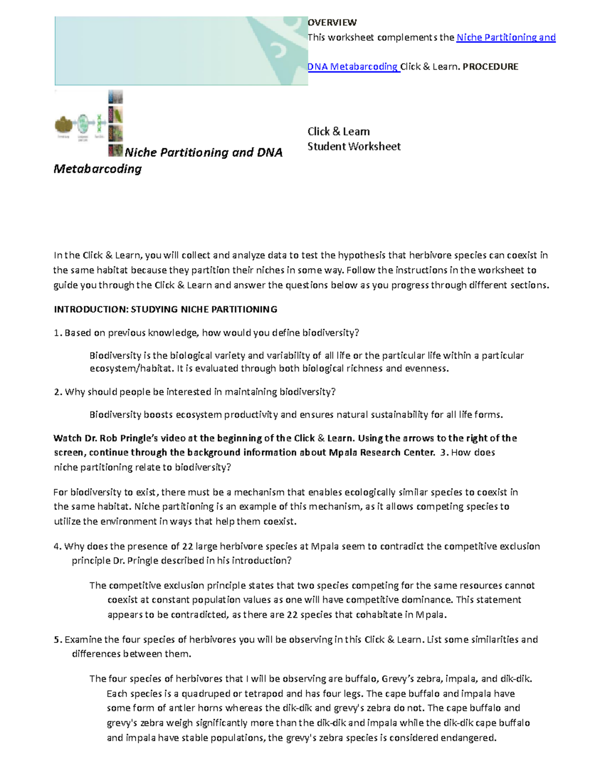 Week 10 Lab Worksheet: Niche Partitioning & DNA Metabarcoding - Studocu
