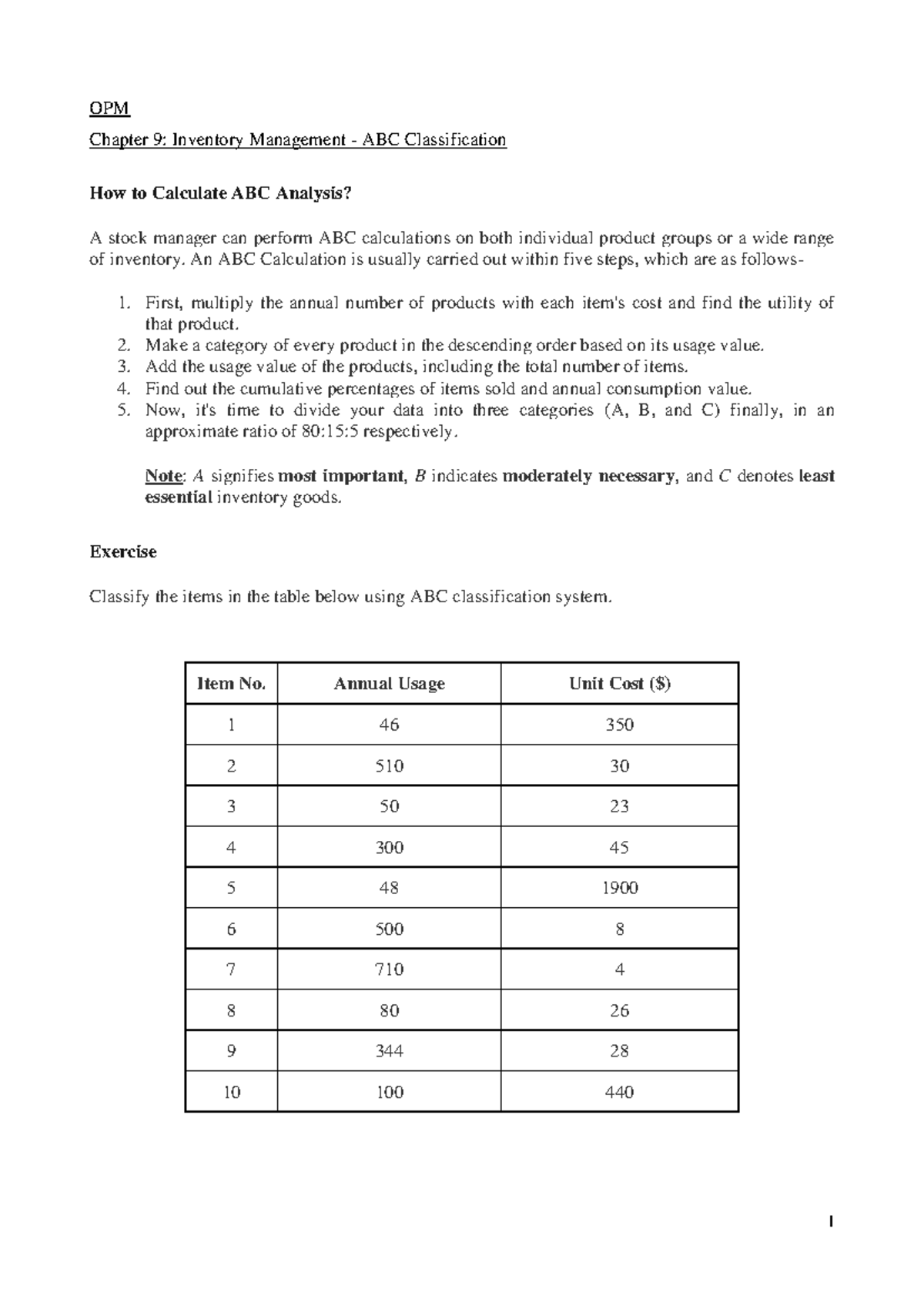 ABC Classification Exercise - 1 OPM Chapter 9: Inventory Management ...