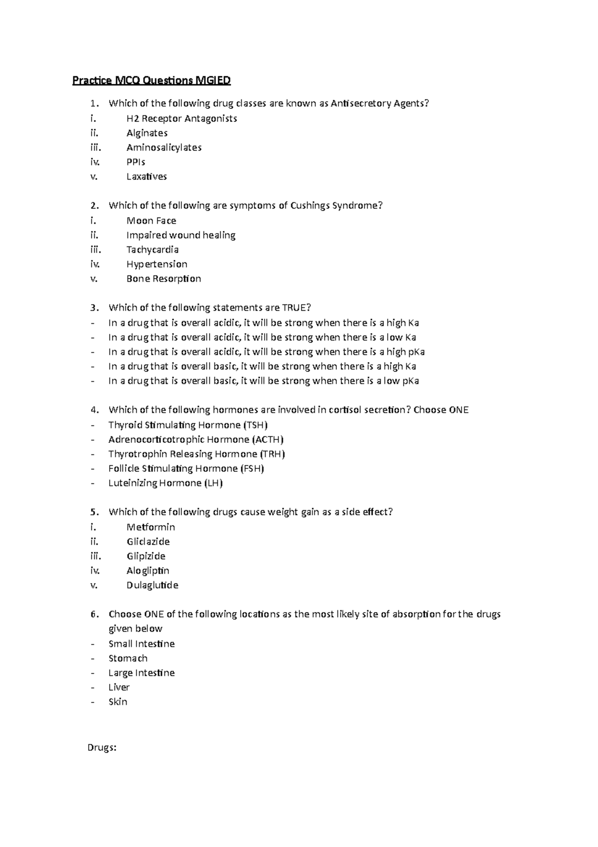 Practice MCQ Questions for MP322 - Antisecretory Agents & Hormones ...