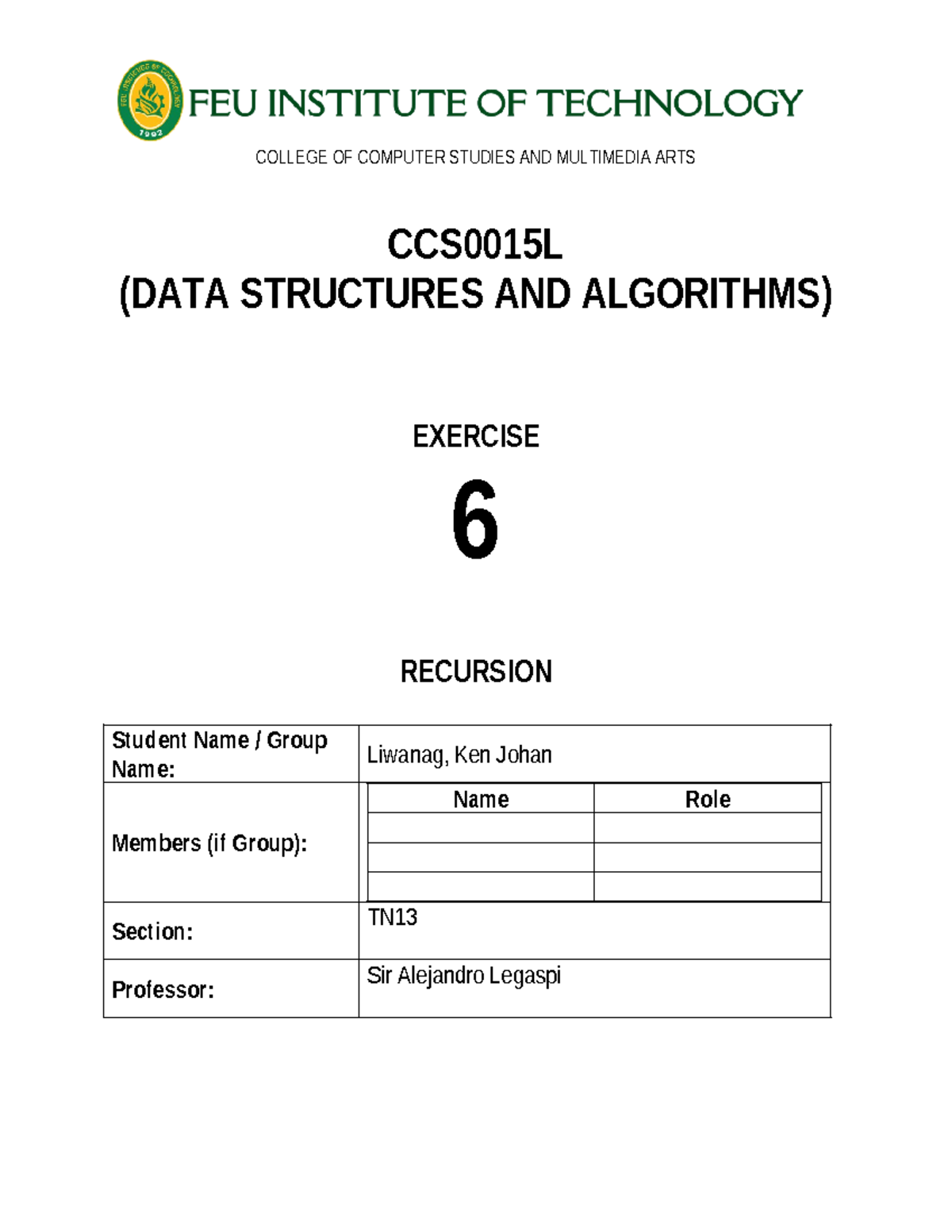 CCS0015L - Technical Exercise 6: Recursion in Data Structures and Algorithms - Studocu