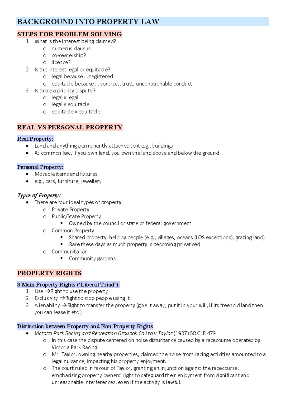 PROPERTY LAW EXAM NOTES (LAW101) - KEY CONCEPTS & CASES - Studocu