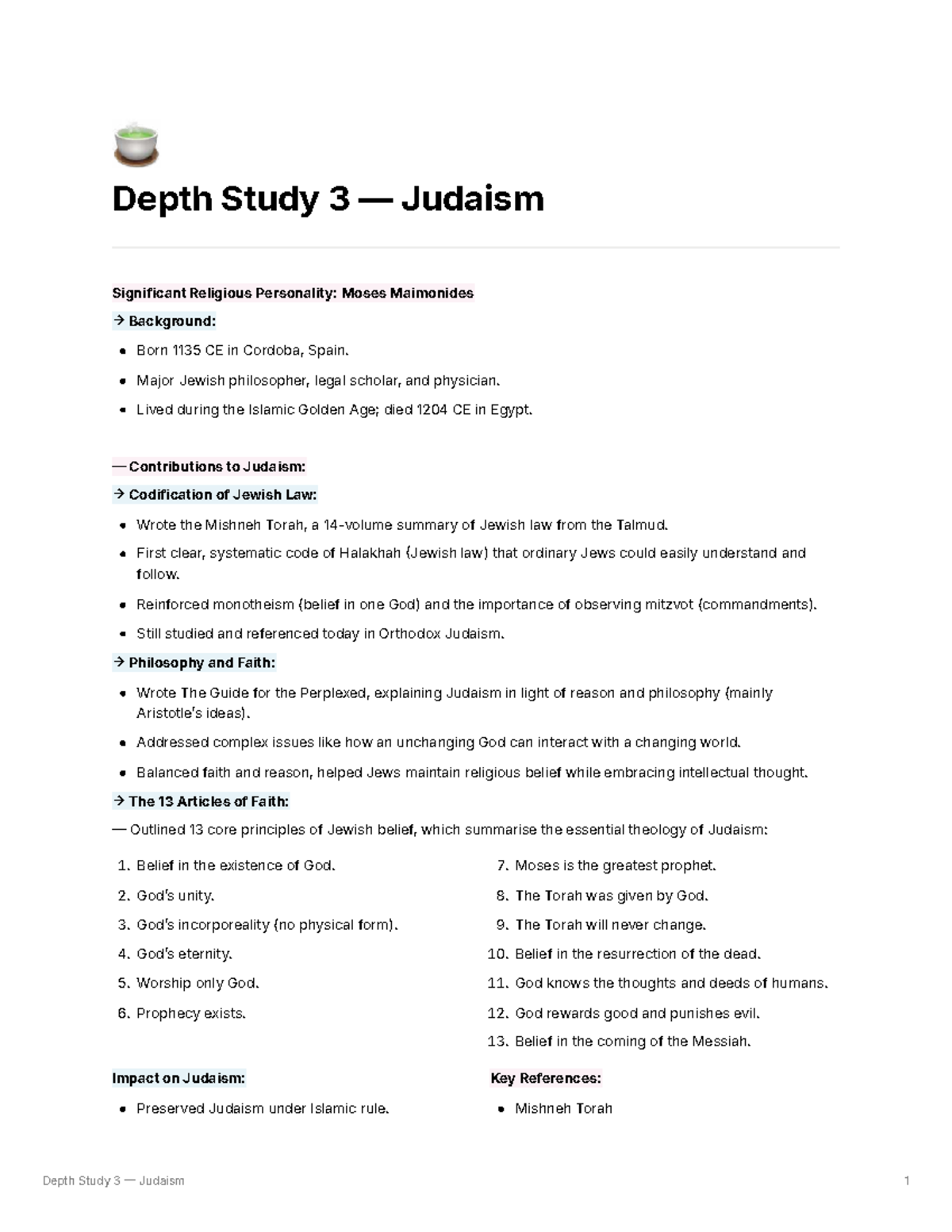 Depth Study 3 - Judaism: Moses Maimonides and His Impact - Studocu