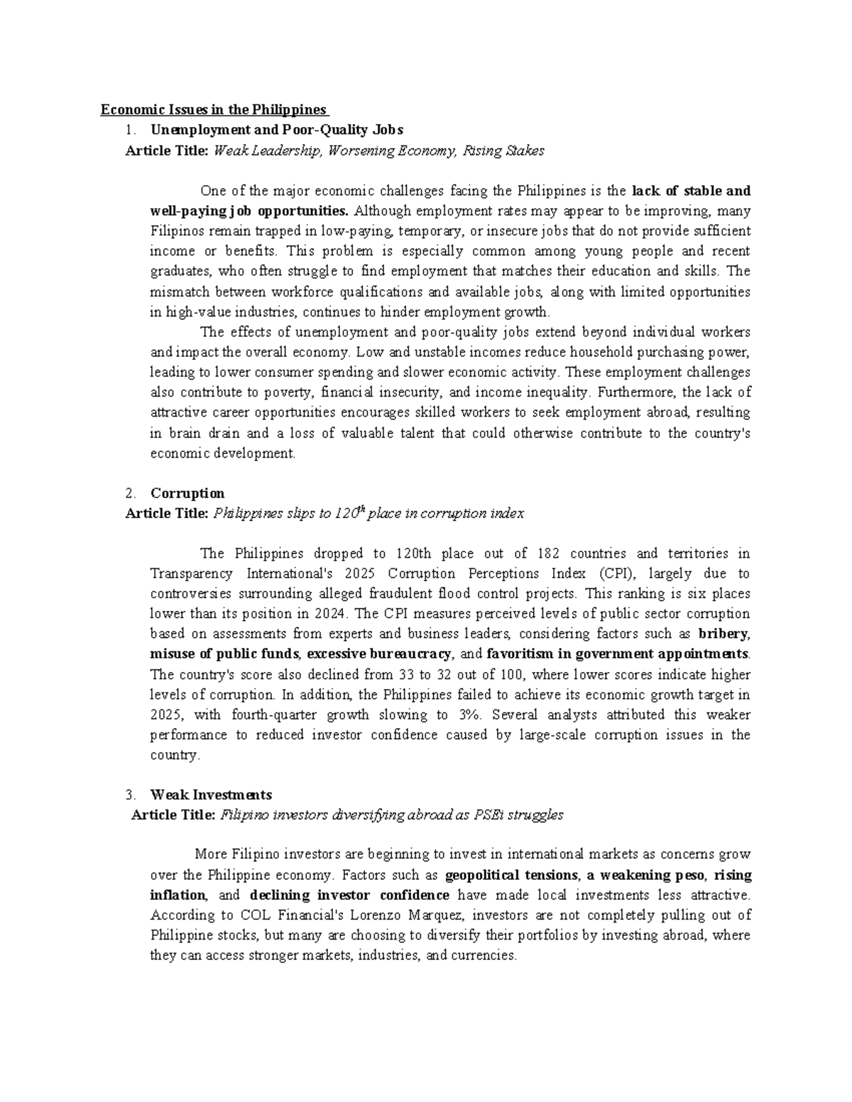 Economic Challenges in the Philippines: Unemployment, Corruption, and ...