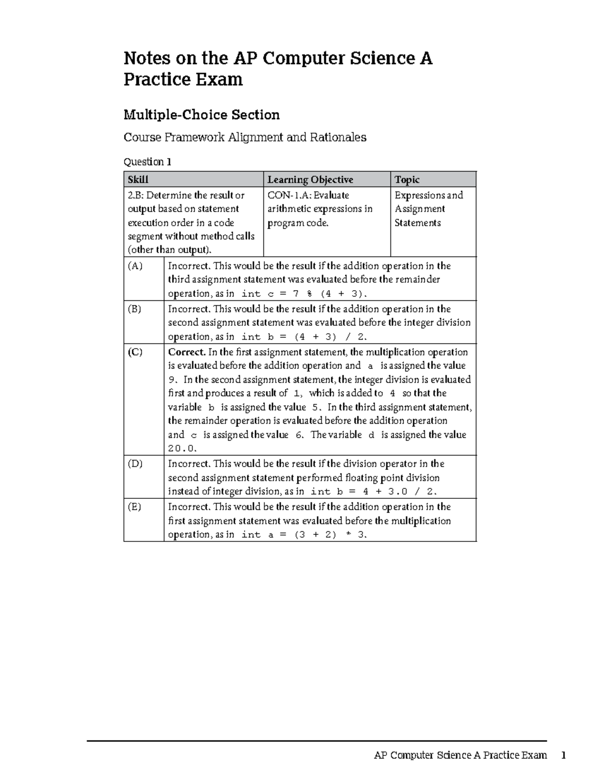 AP Computer Science A 2020 Practice Exam MCQ Answers - Studocu