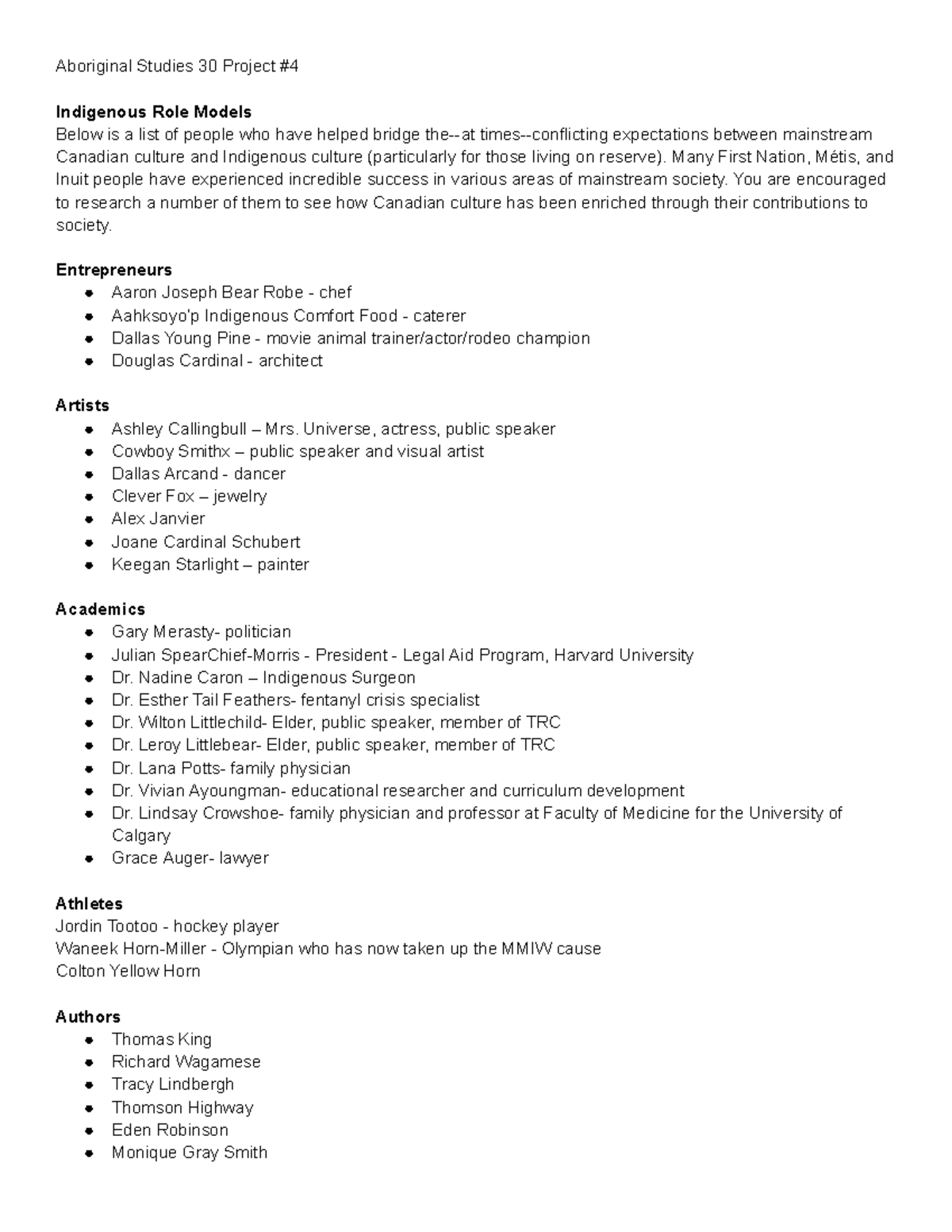 Aboriginal Studies 30 Project #4: Exploring Indigenous Role Models ...
