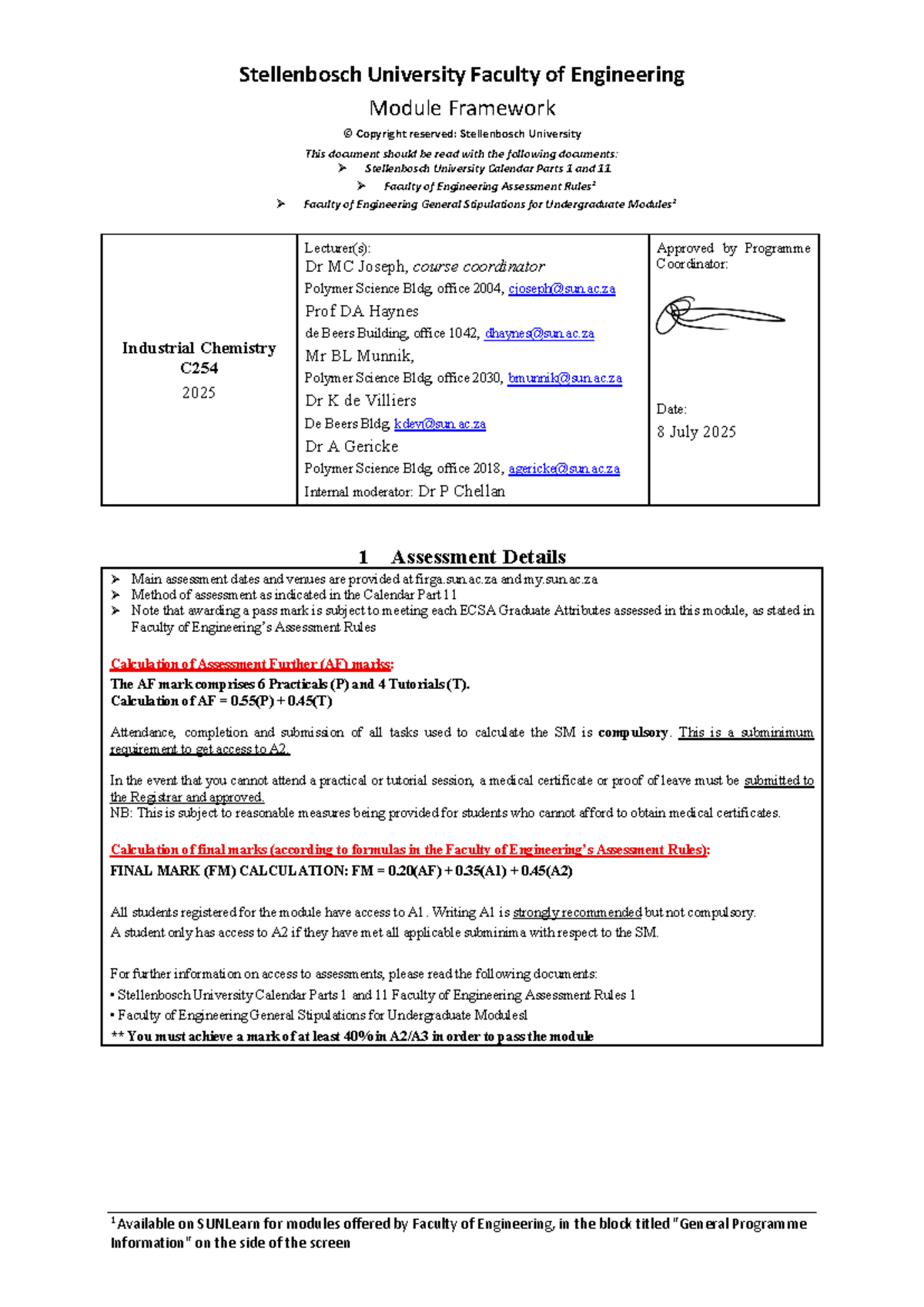 Chemistry C254 Module Framework 2025: Assessment & Objectives - Studocu