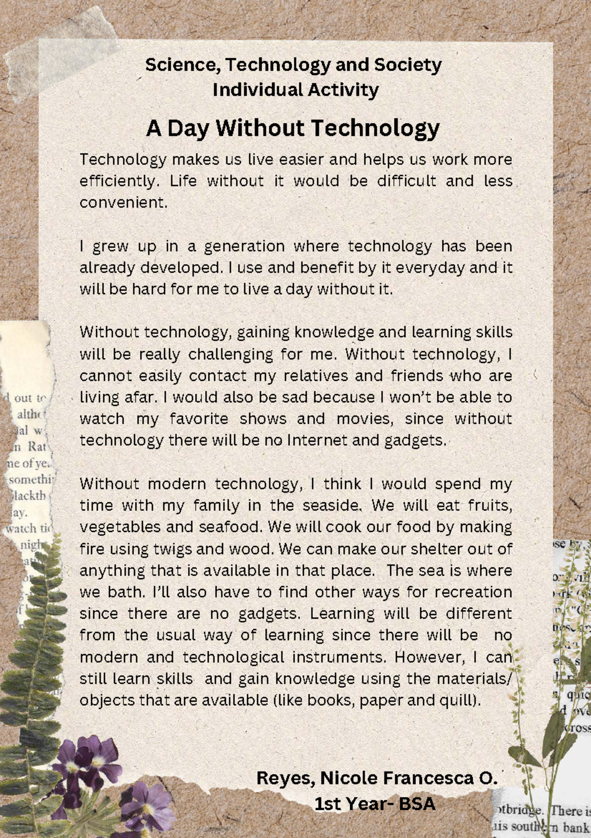 BSA 1 - Individual Activity: A Day Without Technology - Studocu