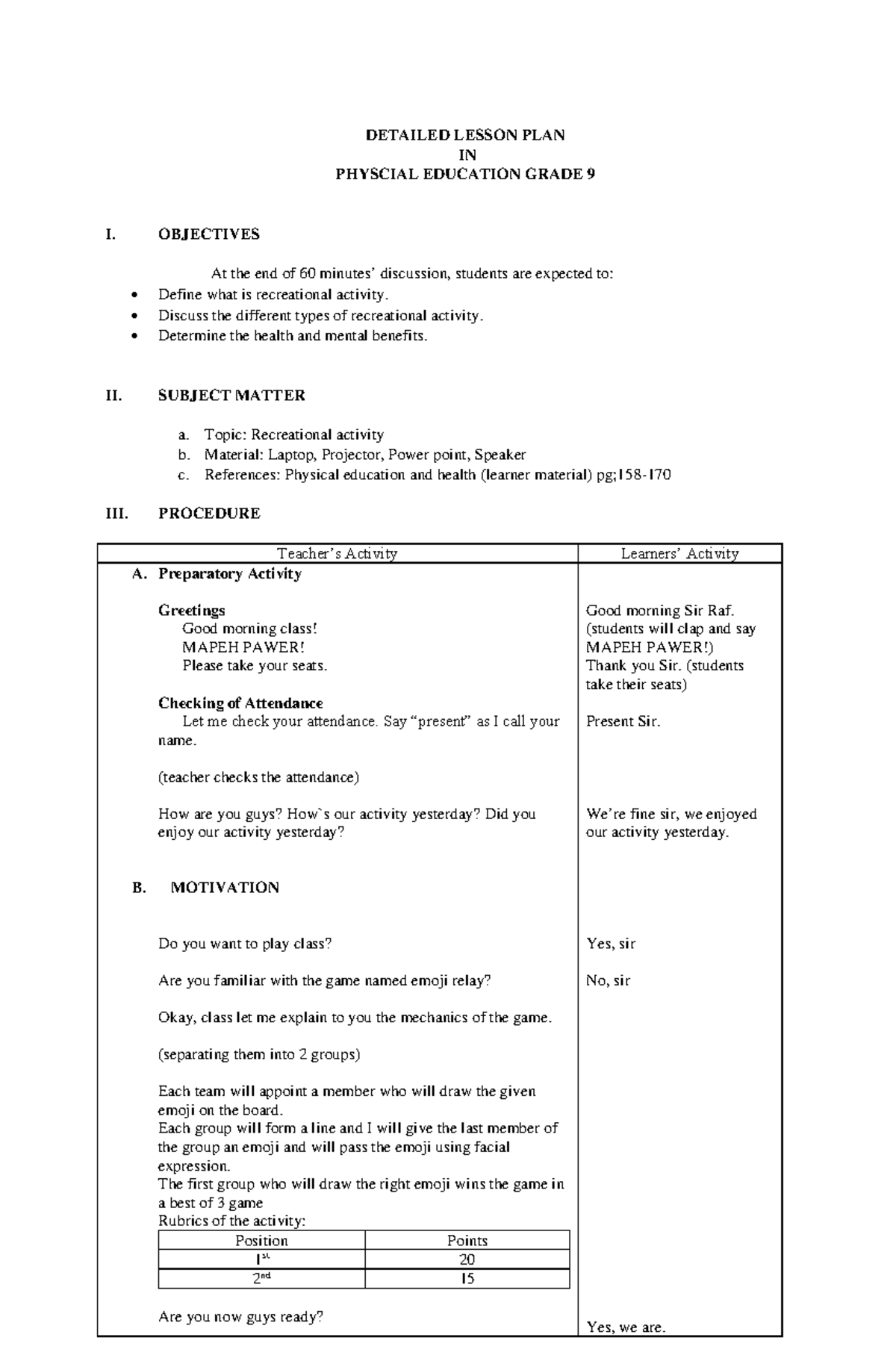 Lesson plan in pe - DETAILED LESSON PLAN IN PHYSCIAL EDUCATION GRADE 9 ...