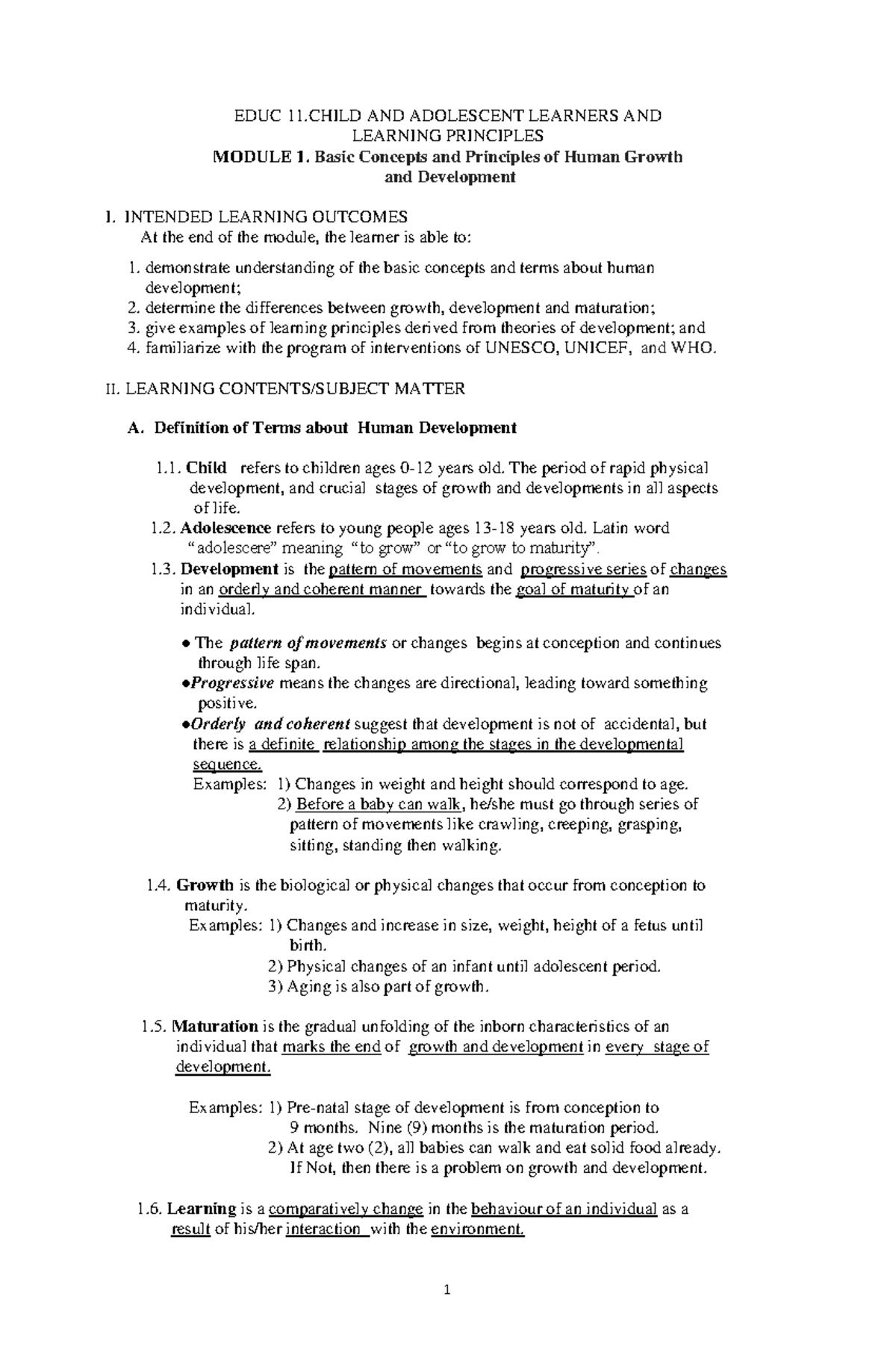 Module 1. Basic Concepts and Principles of Human Devt - EDUC 11 AND ADOLESCENT LEARNERS AND ...