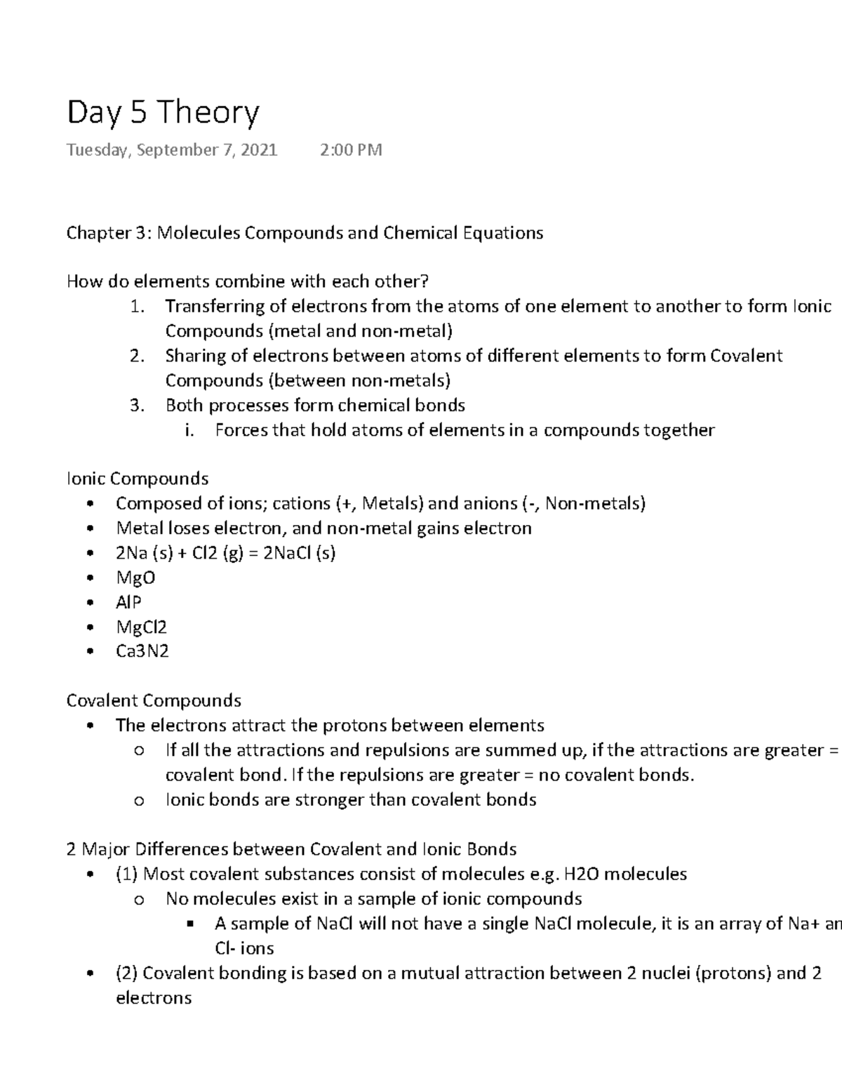 C52 - Chem notes - Chapter 3: Molecules Compounds and Chemical ...
