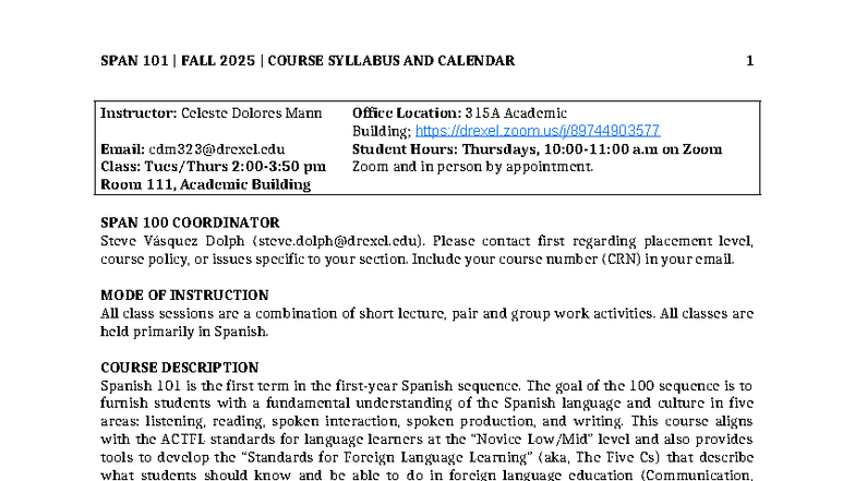 SPAN 101 FALL 2025 SYLLABUS & COURSE CALENDAR - Studocu