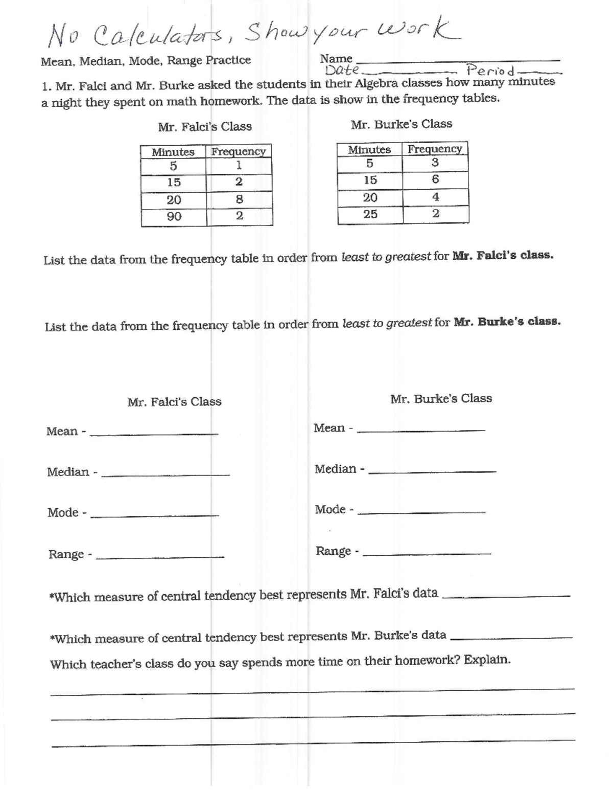 Algebra Practice: Mean, Median, Mode, Range (No Calculators) - Studocu