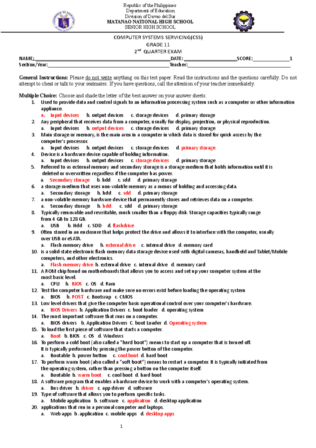CSS 2ND Quarter EXAM 2022-2023 - COMPUTER SYSTEMS SERVICING(CSS) GRADE 11 2 nd QUARTER EXAM NAME ...