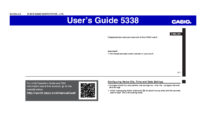 CASIO Watch Guide 5338 EN: Setup & Operations Manual - Studocu