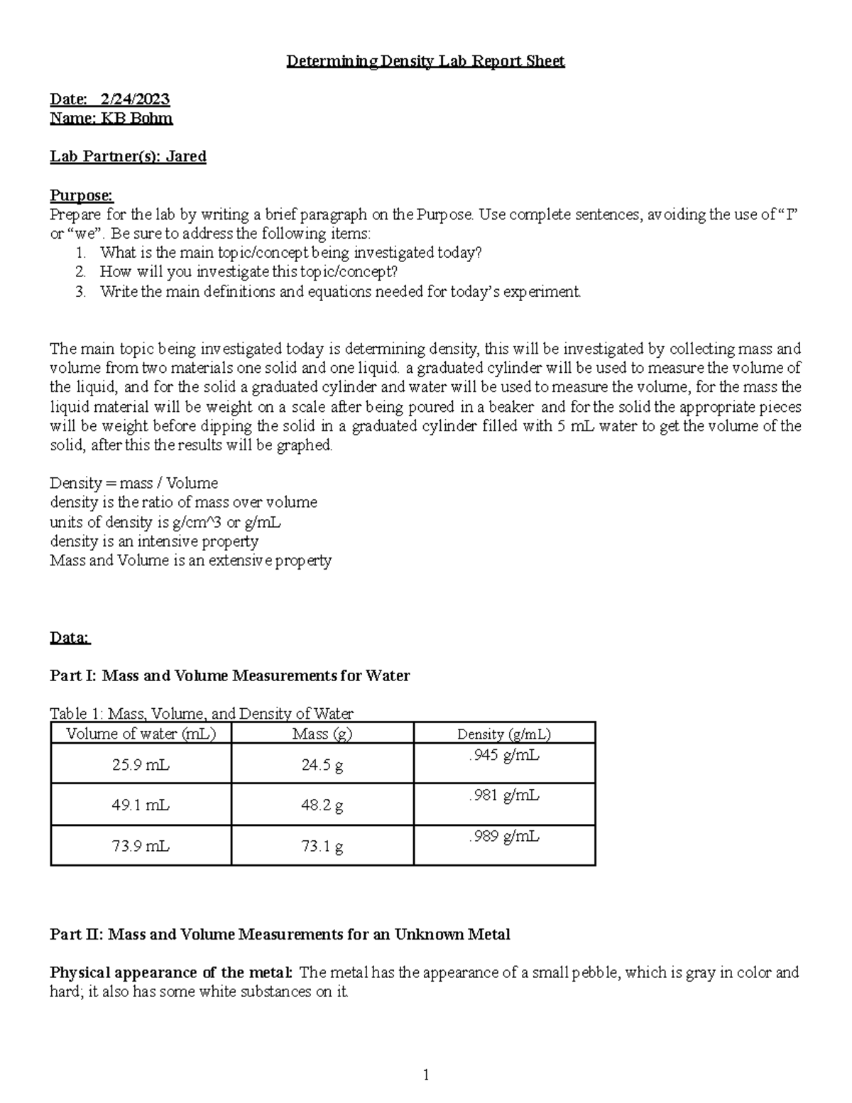 Density Determination Lab Report (Physics 101) - Studocu