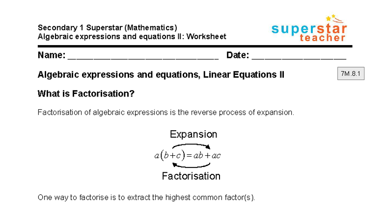 Secondary 1 Mathematics (S1L8) Worksheet: Factorisation & Equations II ...