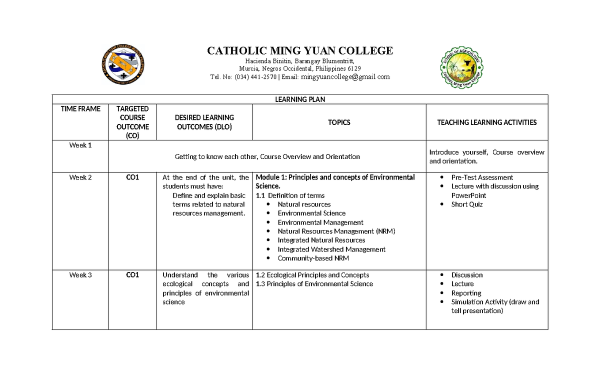 Weekly Learning Plan for Environmental Science (ENV 101) - Studocu