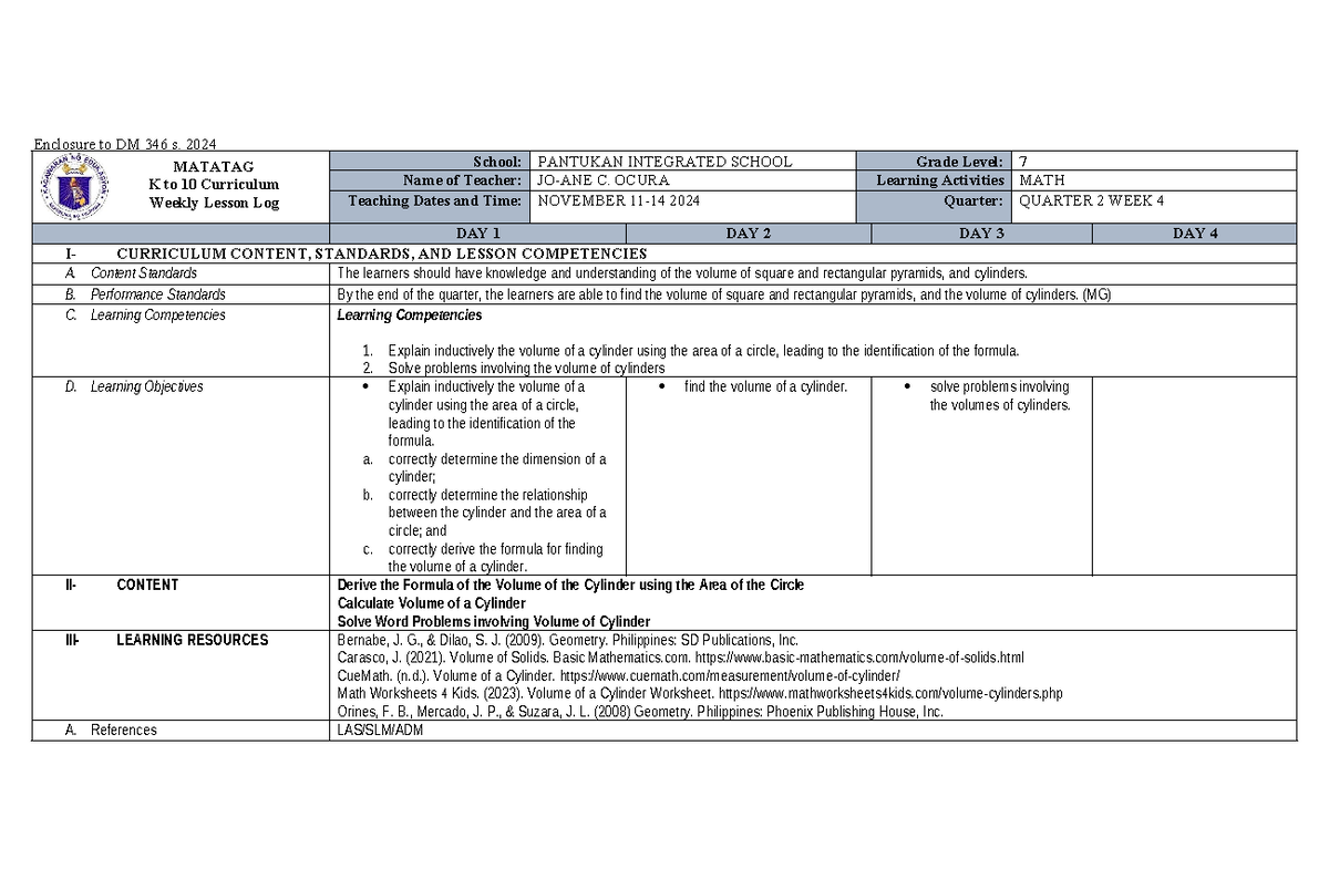 G7 Math Quarter 2 Week 4 Lecture: Volume of Cylinders - Studocu