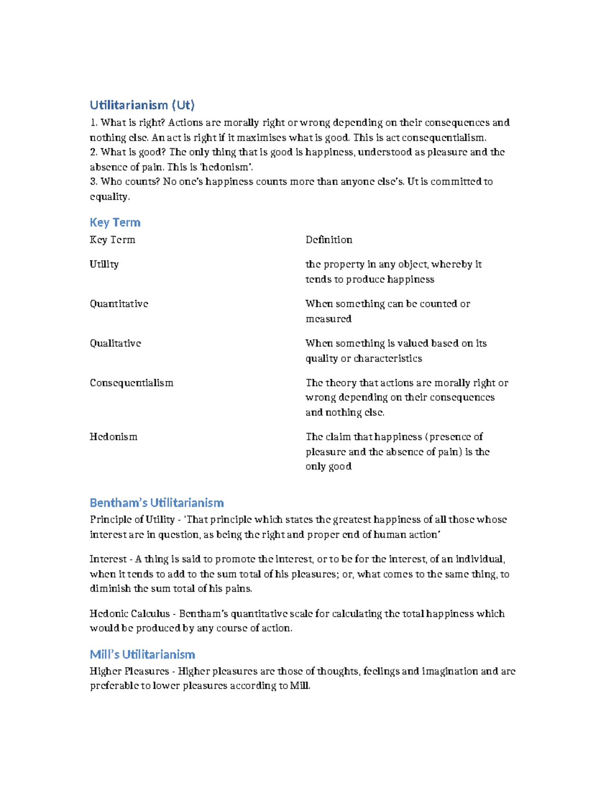 Utilitarianism (Ut) Lecture Notes: Key Concepts & Definitions - Studocu