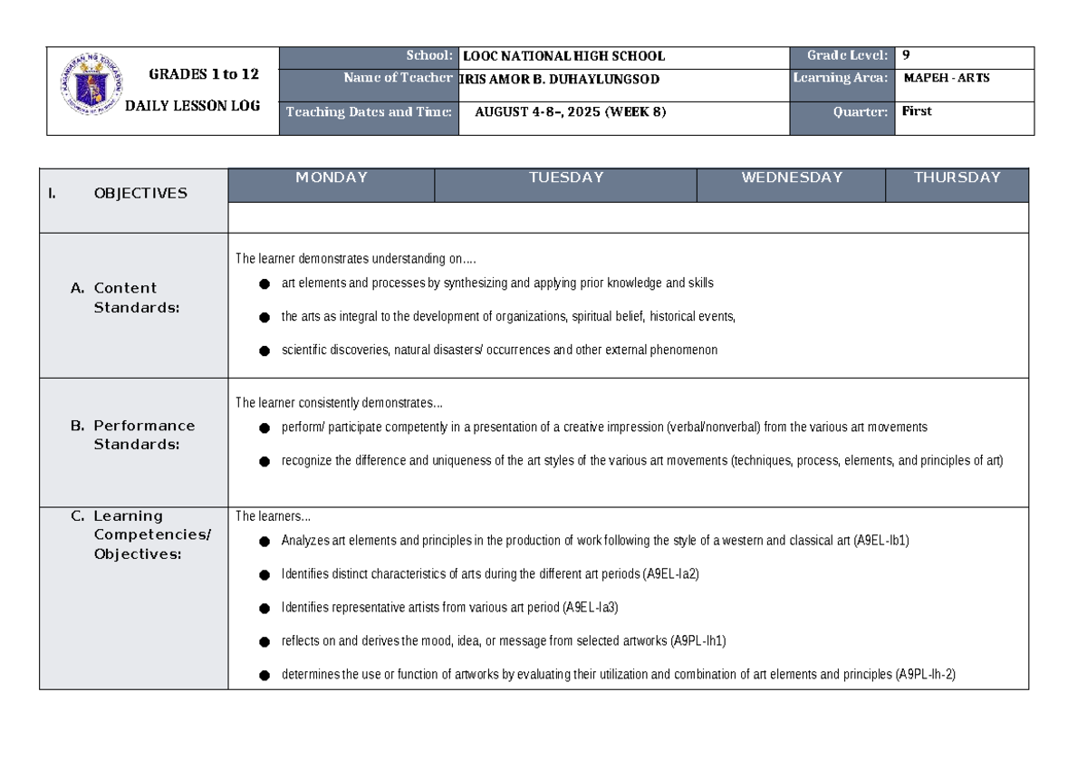 DLL MAPEH ARTS 9 Q1 W8 Lesson Plan and Activities - Studocu