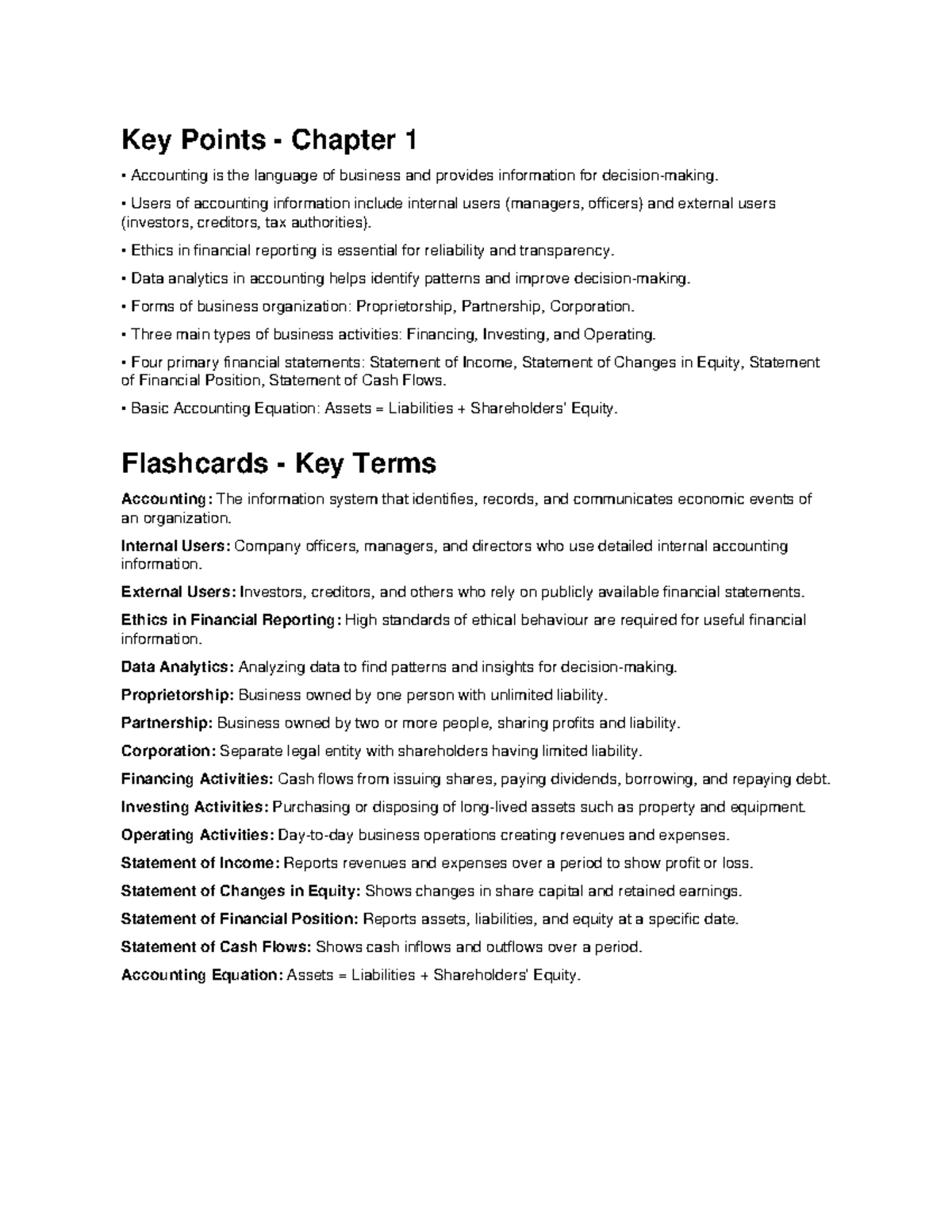Chapter 1 Key Points: Accounting Basics & Financial Statements - Studocu