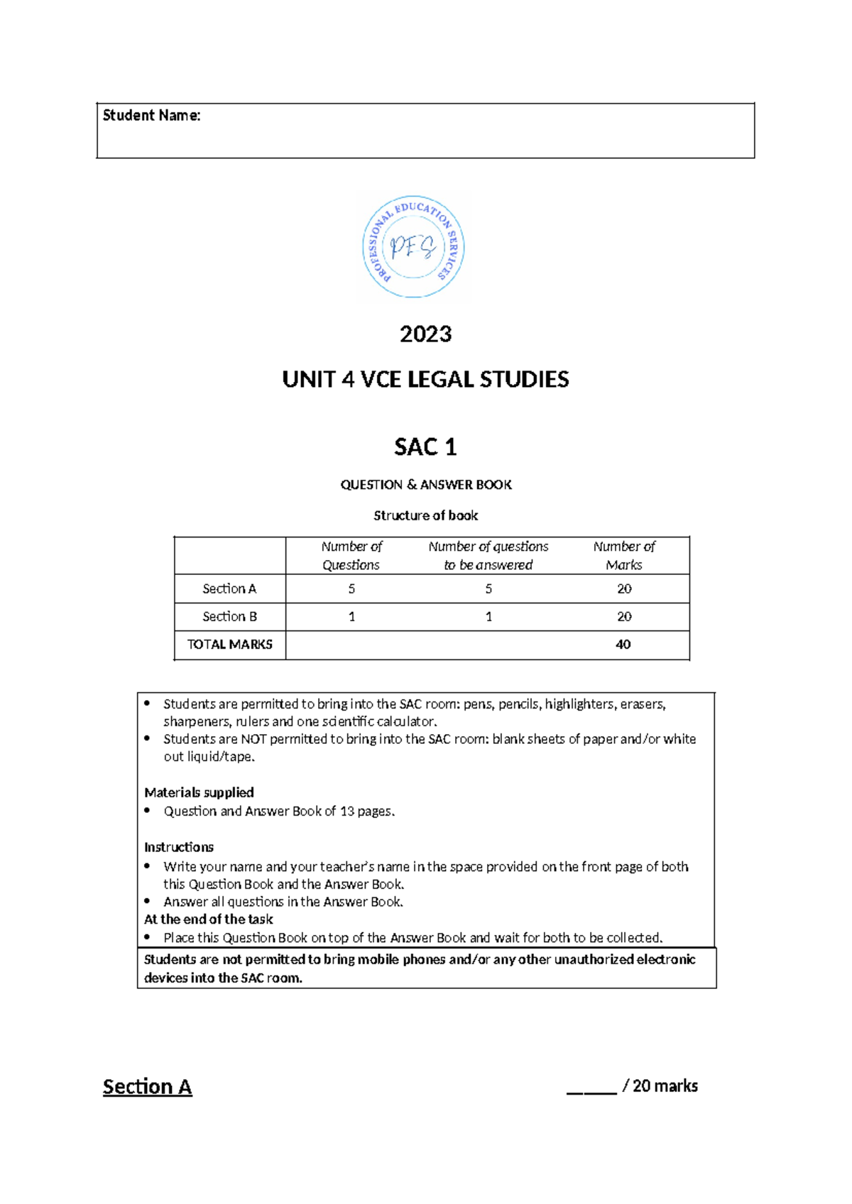 PES 2023 UNIT 4 VCE LEGAL STUDIES SAC 1 Q&A Book - Studocu