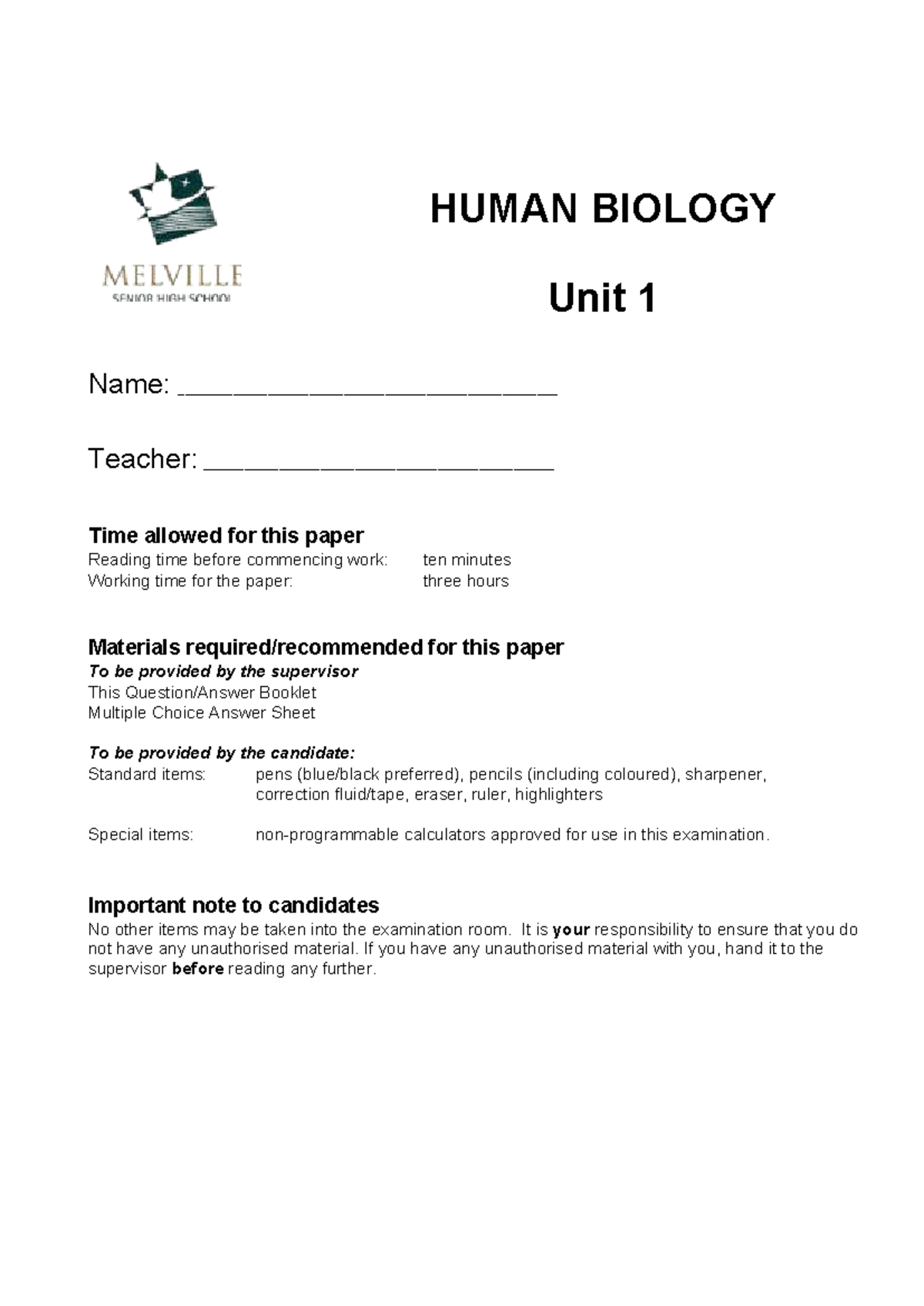 2017 HUMAN BIOLOGY Unit 1 Final Exam Guidelines and Question Structure ...