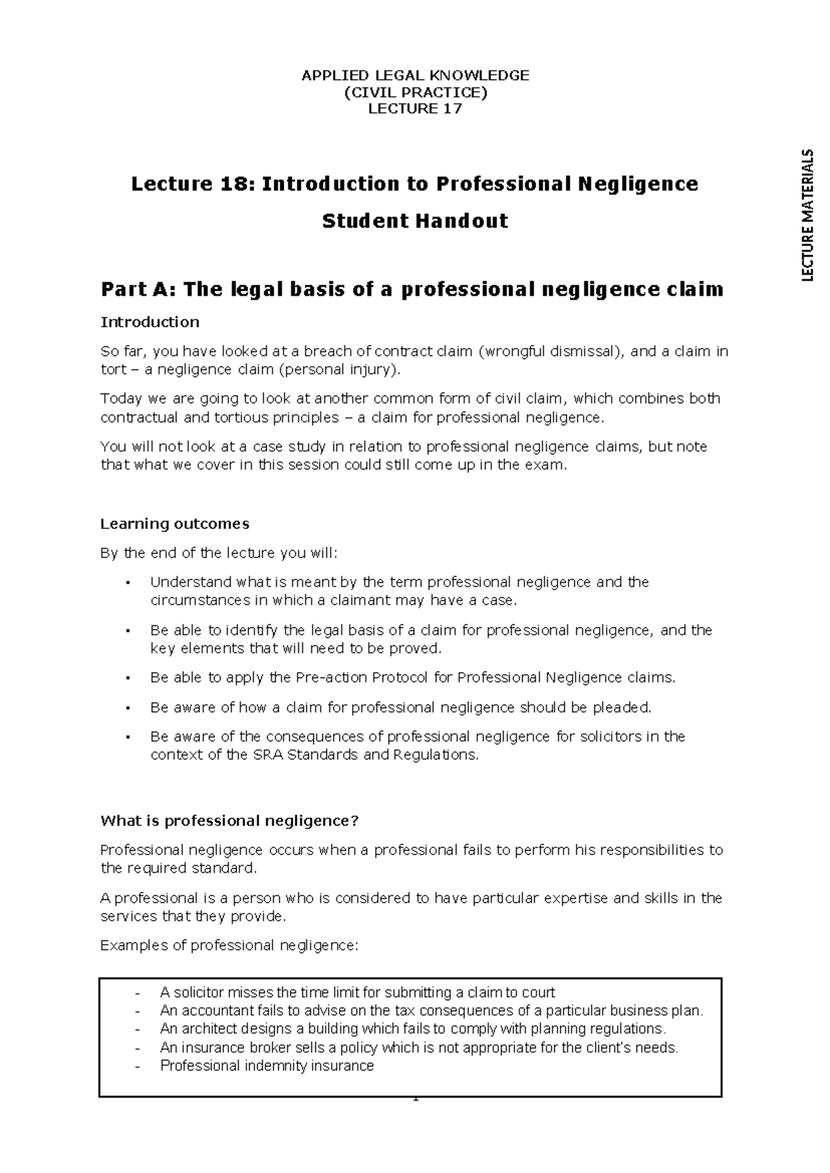 CIVIL PRACTICE Lecture 17: Understanding Professional Negligence Claims ...