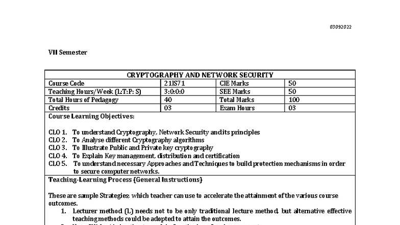 CNS Syllabus: Cryptography and Network Security (21IS71) Overview - Studocu