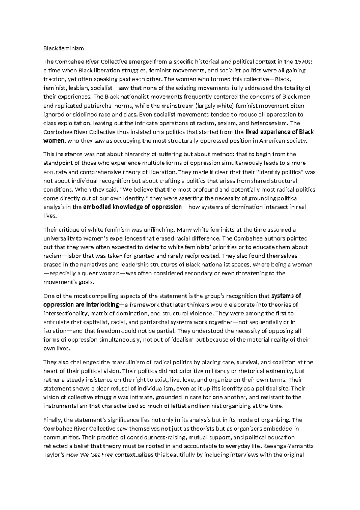 Black Feminism: Insights from the Combahee River Collective - Studocu