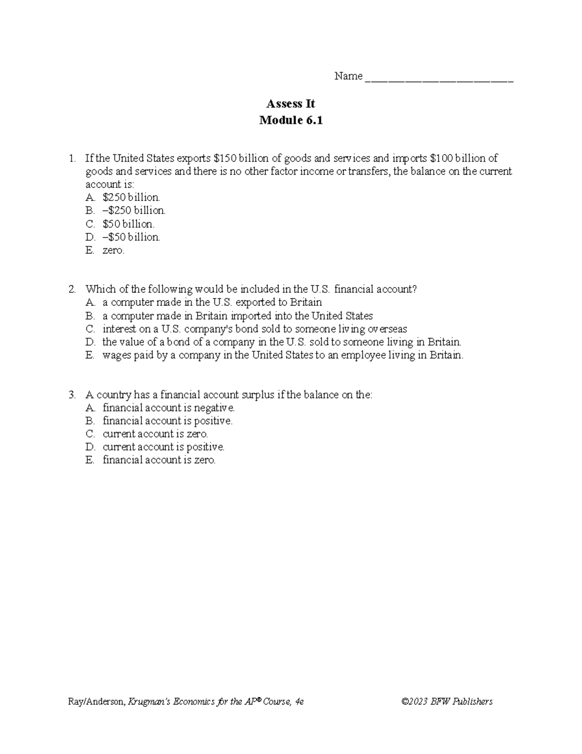AP Macro Unit 6 Lesson 1: Current Account & Financial Account Worksheet ...
