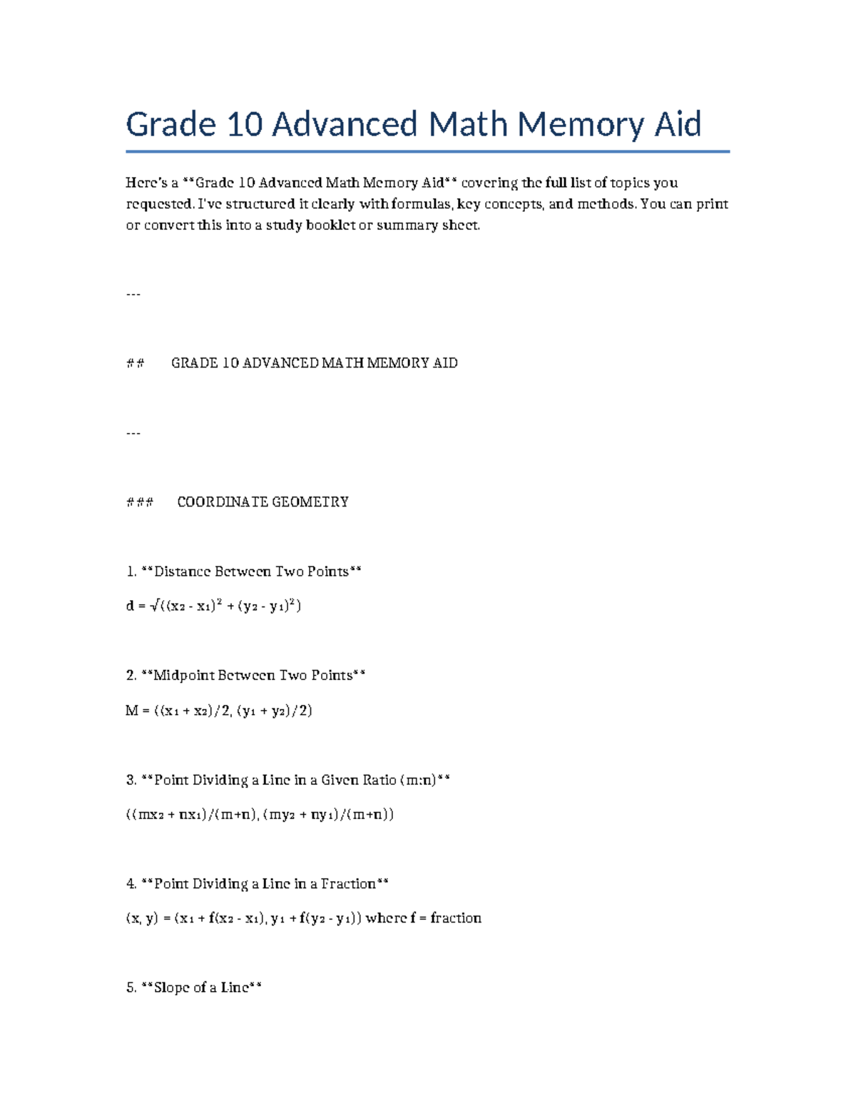 Grade 10 Advanced Math Memory Aid: Key Formulas & Concepts - Studocu