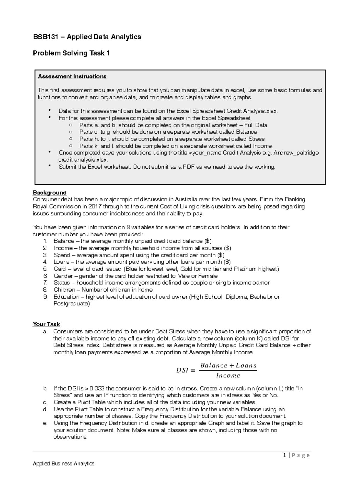 Problem Solving Task 1-2 - BSB131 – Applied Data Analytics Problem Solving Task 1 Background ...