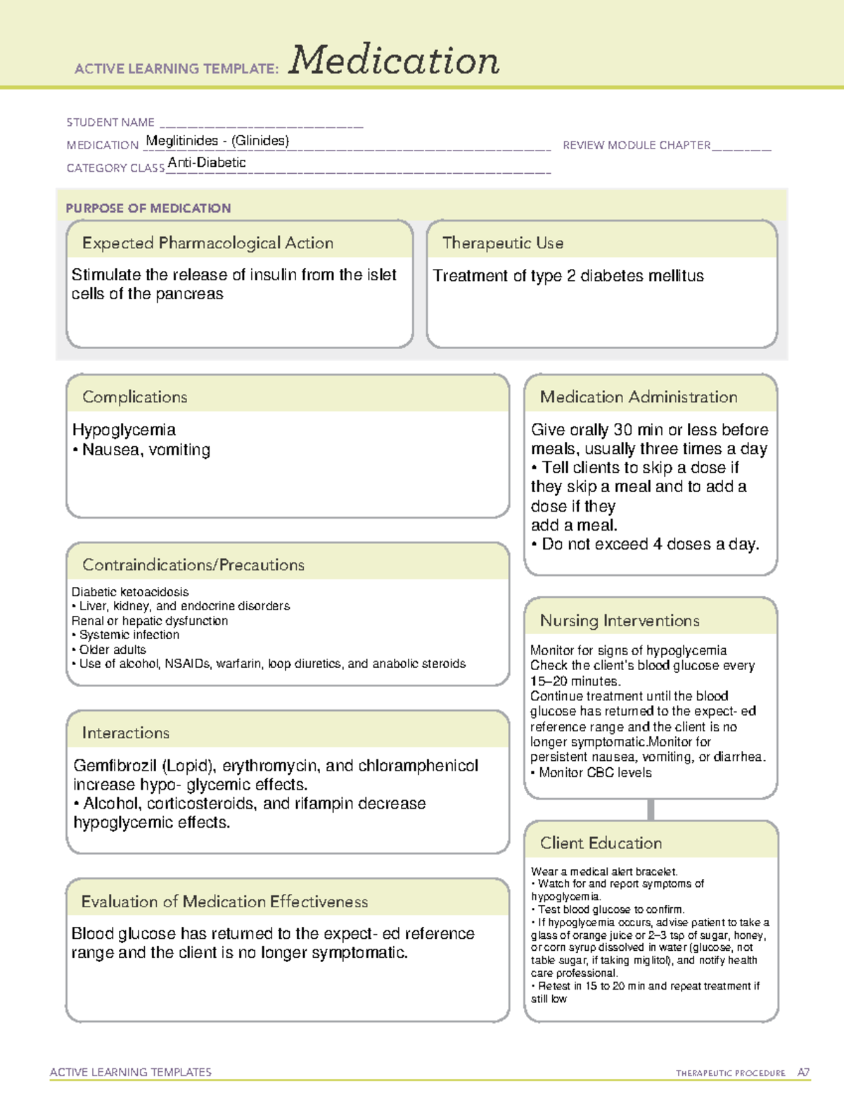ATI Meglitinides - (Glinides) Med Sheet - ACTIVE LEARNING TEMPLATES ...