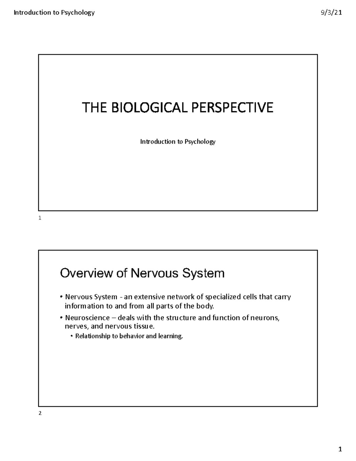 Biological Perspective in Psychology: Overview of the Nervous System - Studocu