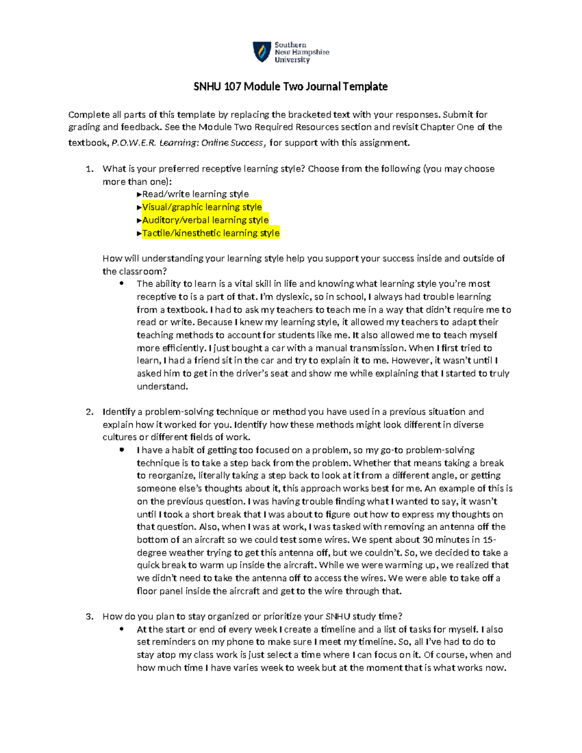 SNHU 107 Module Two Journal: Learning Styles & Organization Strategies ...