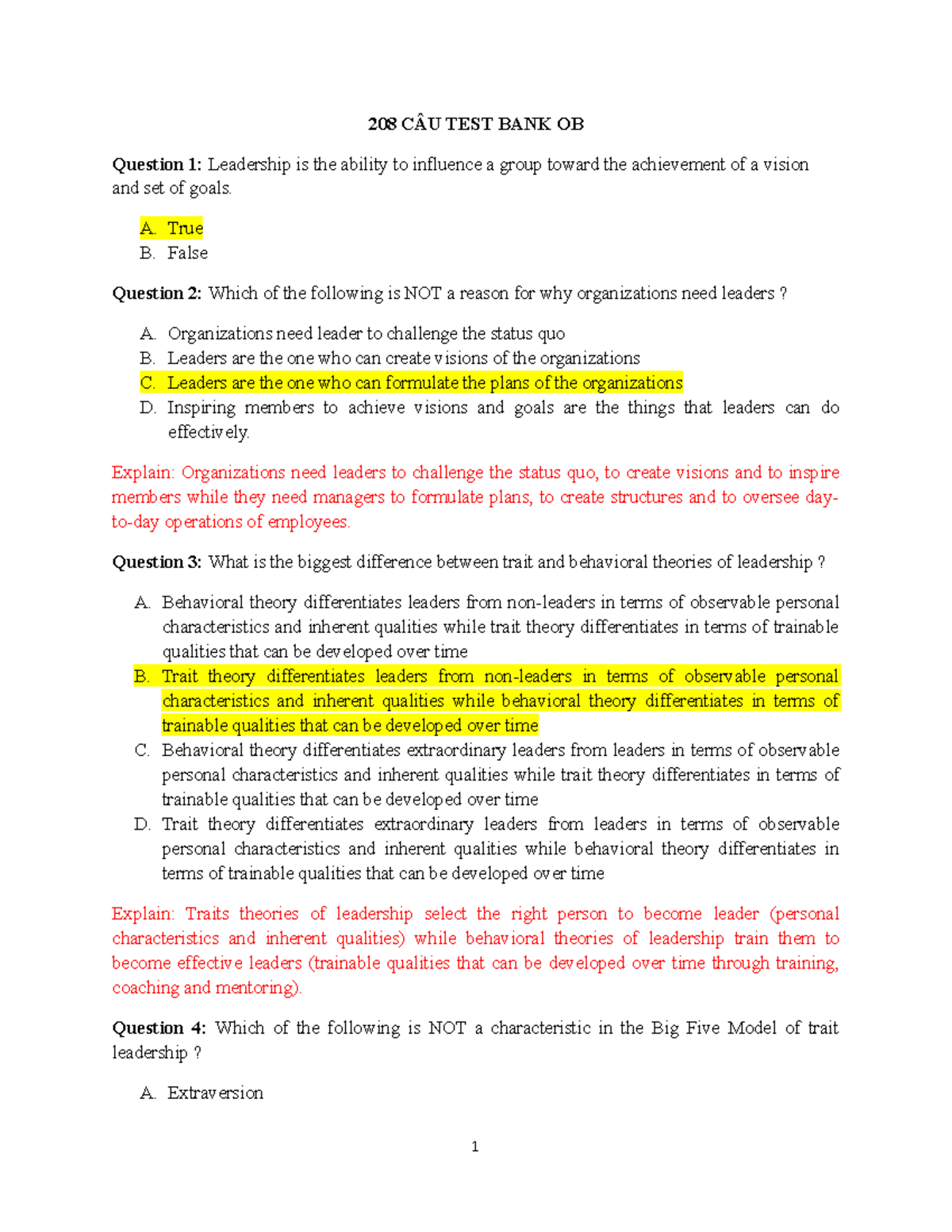 Test Bank - Revision for Final exam OB - 208 CÂU TEST BANK OB Question ...