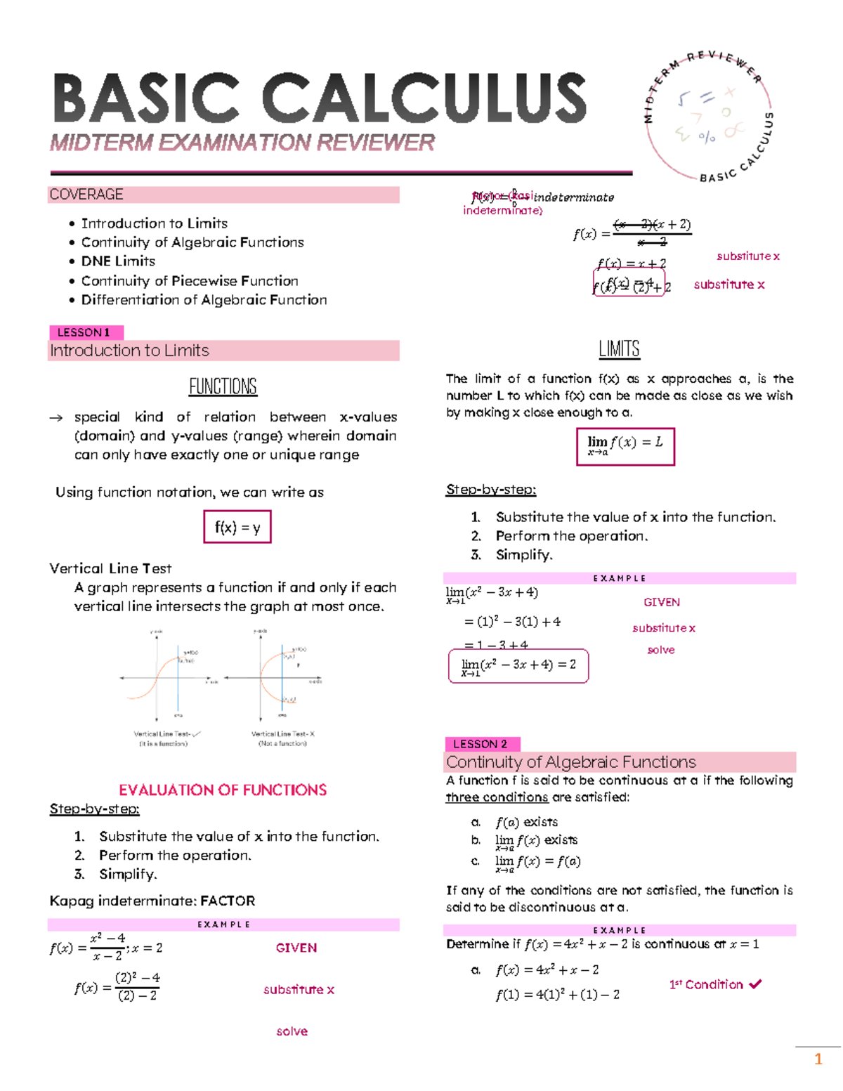 Basic Calculus Midterm Reviewer - COVERAGE • Introduction to Limits ...