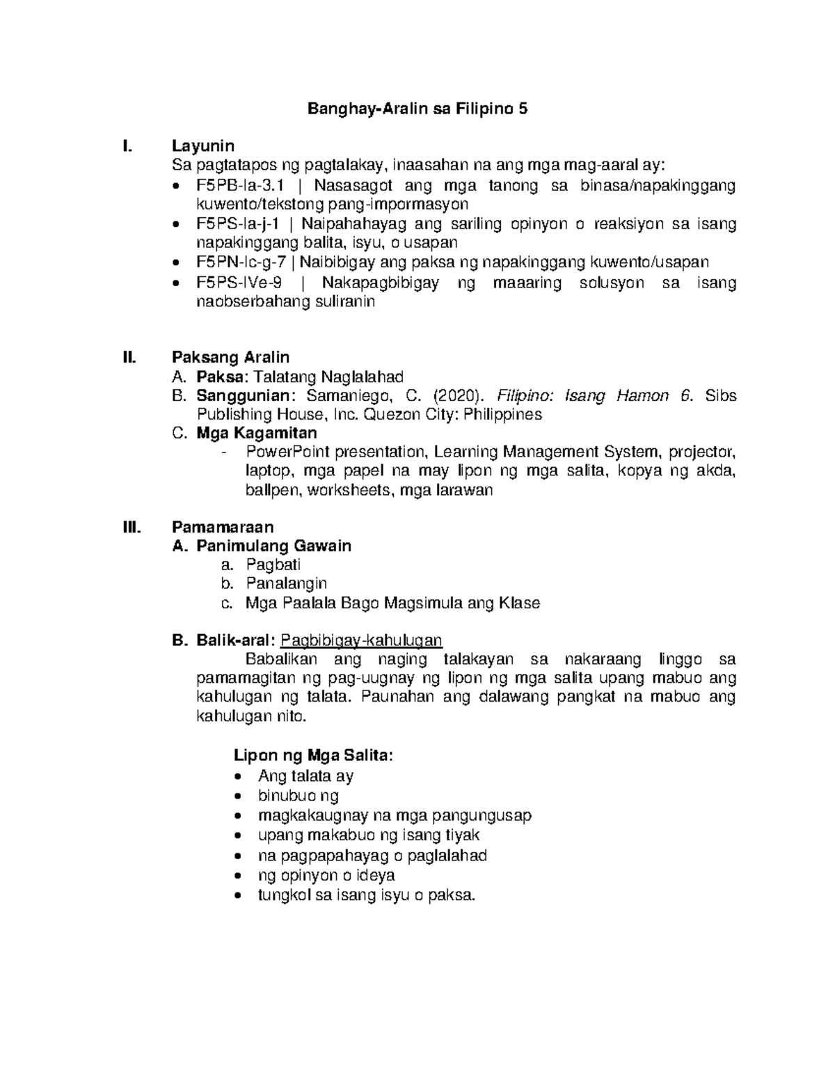 Banghay-aralin para sa Filipino 5 - Banghay-Aralin sa Filipino 5 I ...