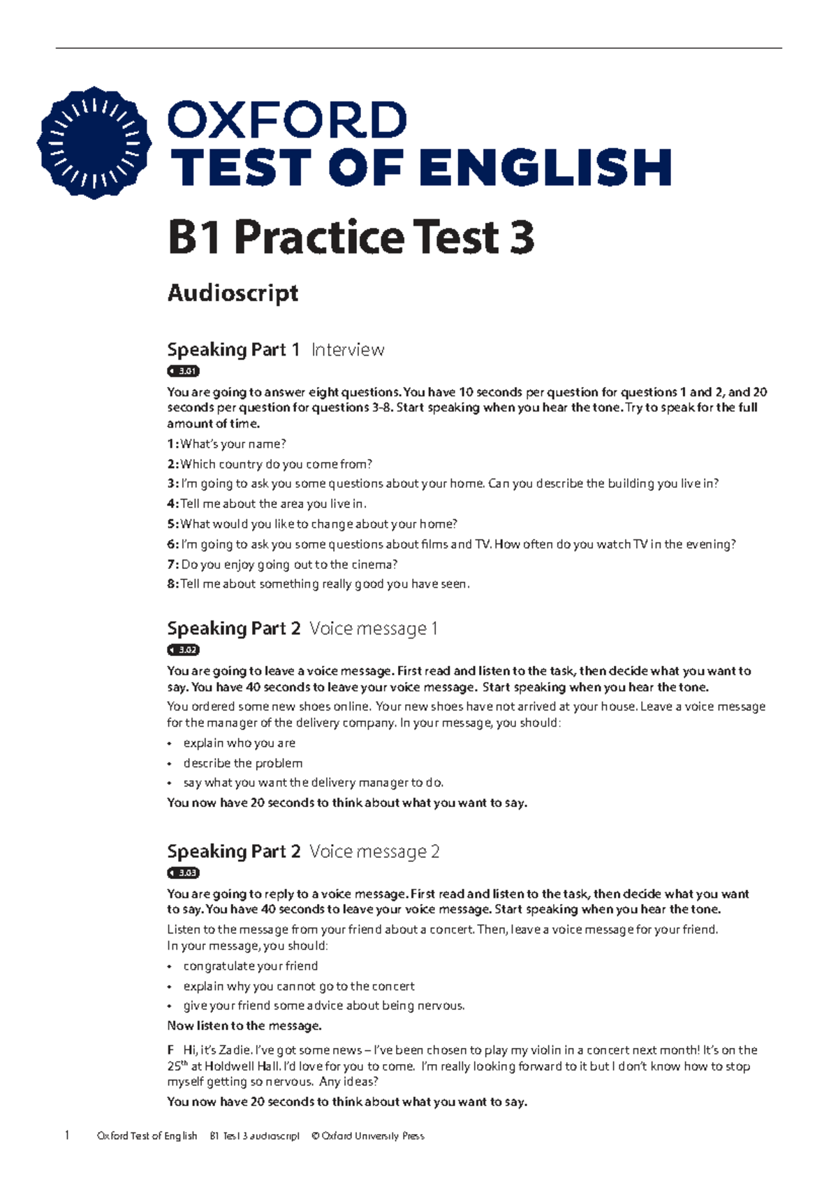 B1 Practice Test 3 Audioscript: Speaking & Listening Sections - Studocu