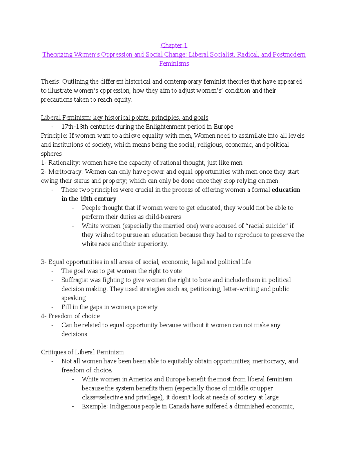 Fem-1 - fem notes 1 - Chapter 1 Theorizing Women’s Oppression and ...