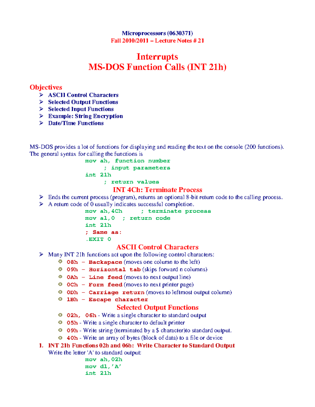 MS-DOS Function Calls and Interrupts – Microprocessors (0630371 ...