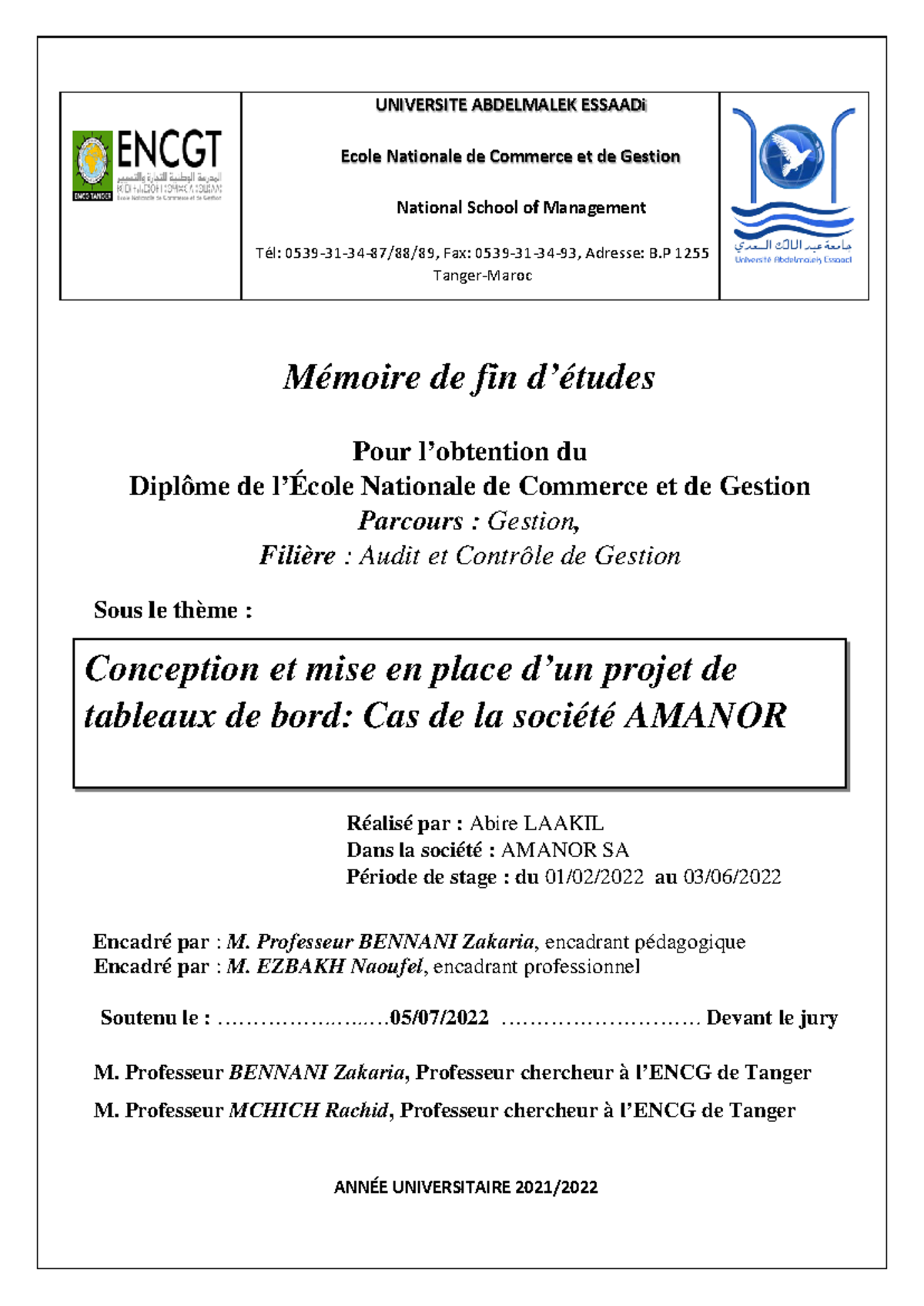 Rapport de PFE - Projet de Tableau de Bord chez AMANOR SA - Studocu
