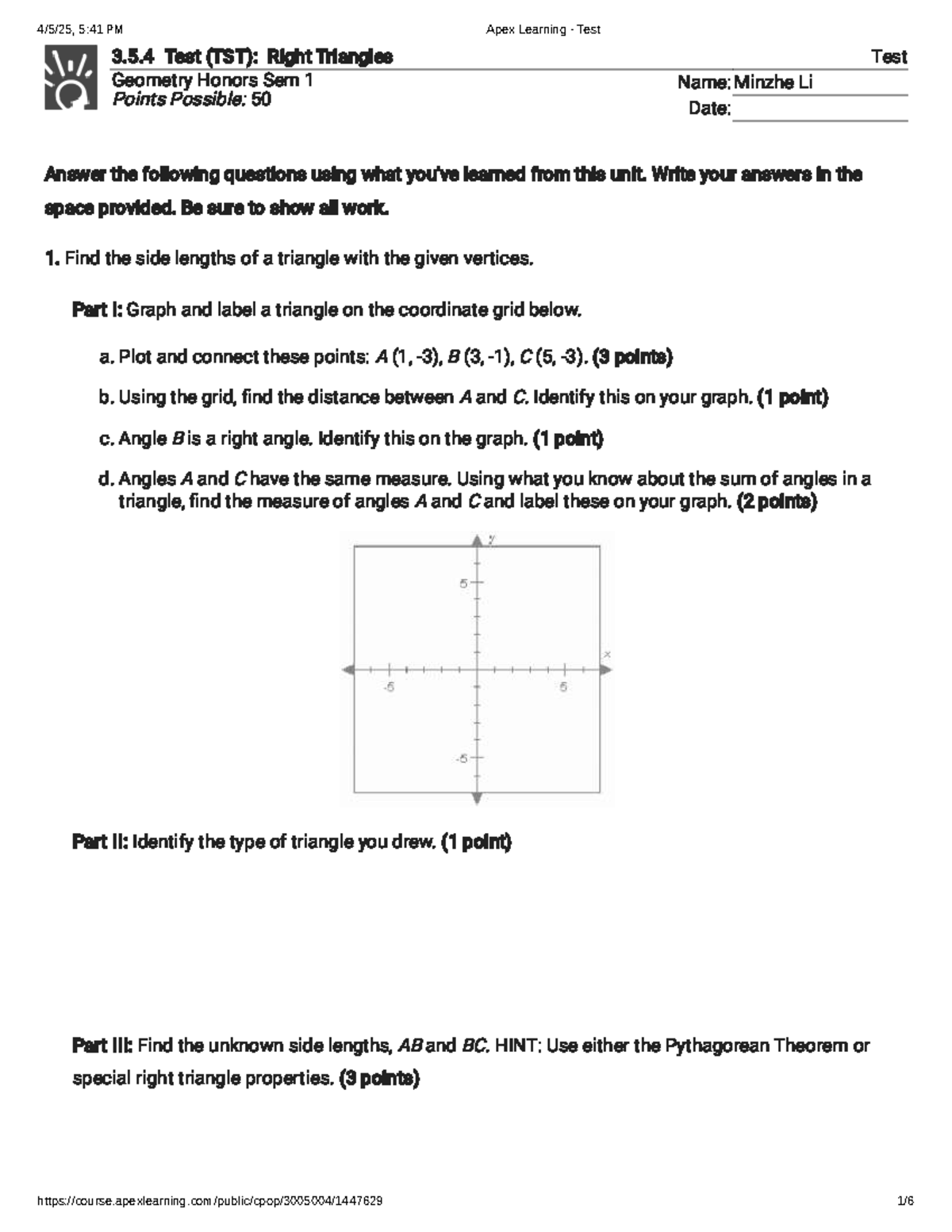 Geometry Right Triangles Test