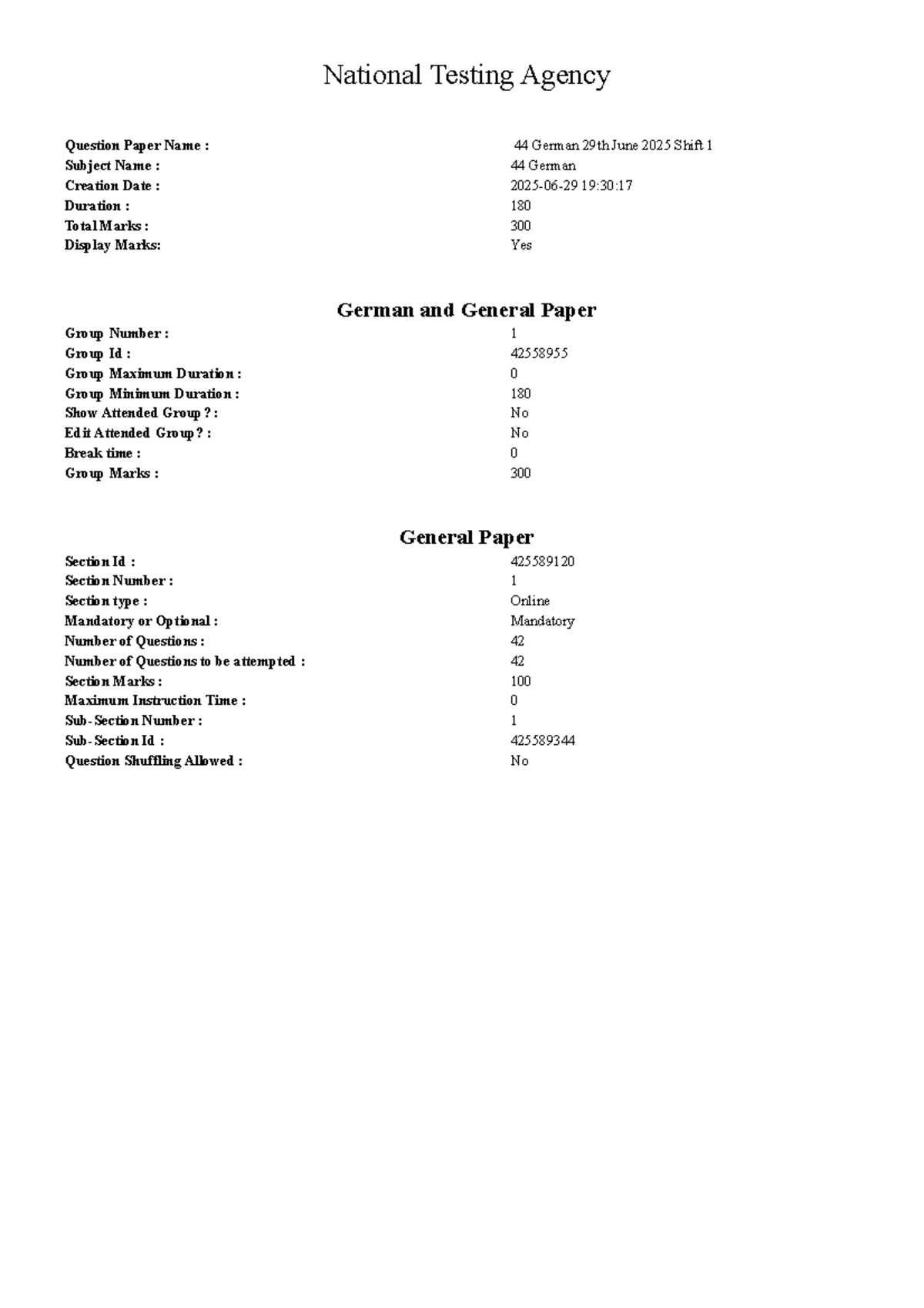 German 44 Marks Question Paper - 29 June 2025, Shift 1 - Studocu